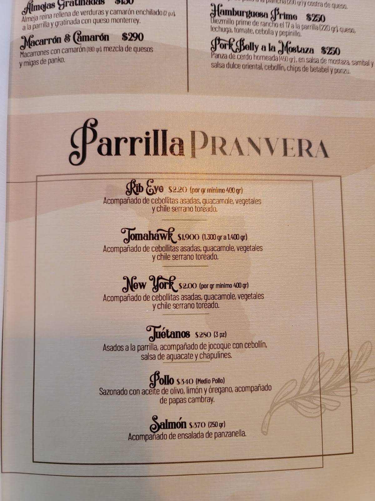 Menu at Pranvera Ensenada steakhouse, Ensenada, Avenida General