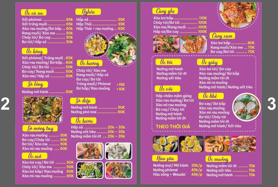 Menu at Quán Ốc Tư Ù restaurant, Phan Thiet