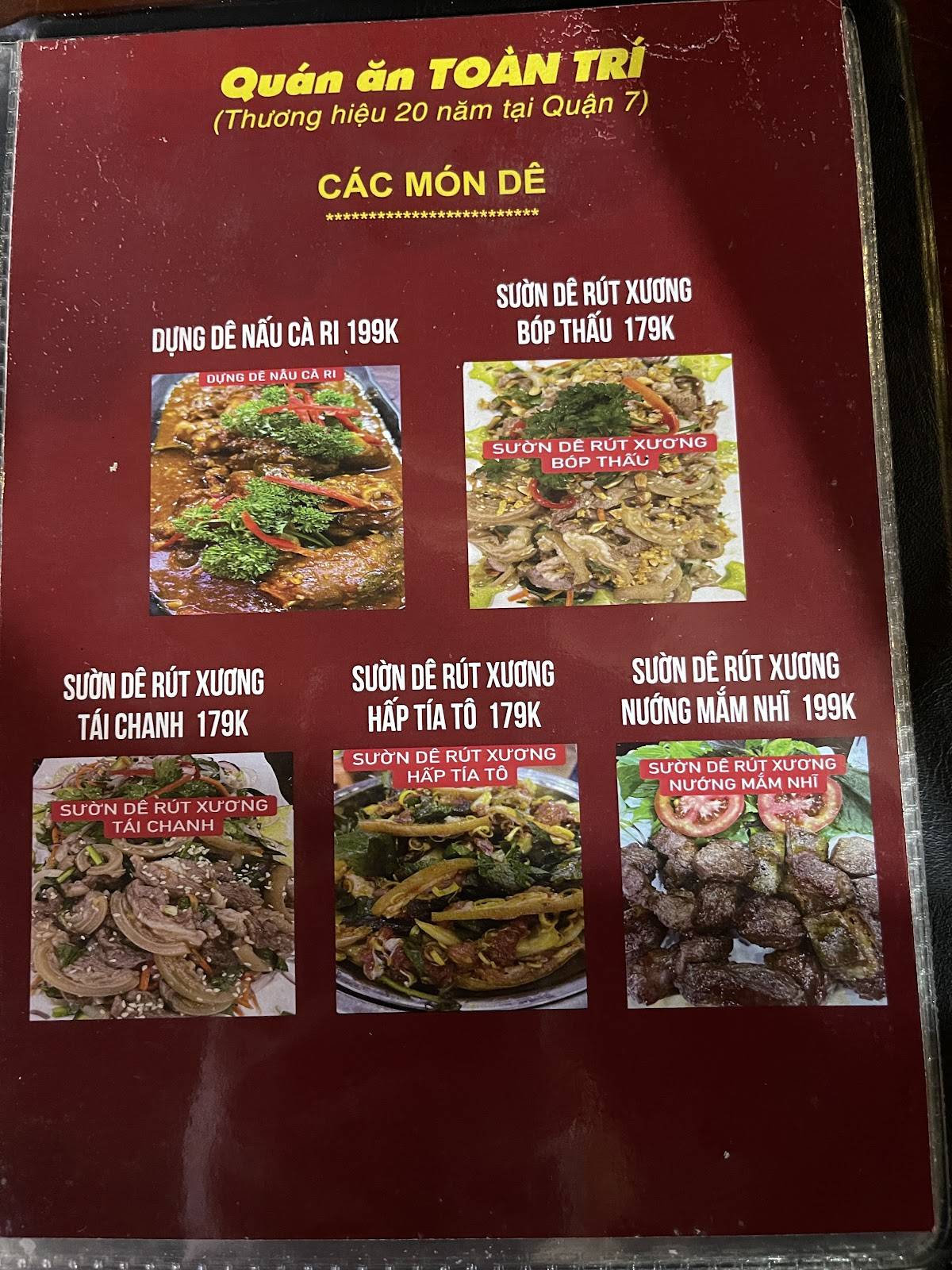 Menu at Quán ăn Toàn Trí restaurant, Ho Chi Minh City, 39 Rạch Bùng Binh