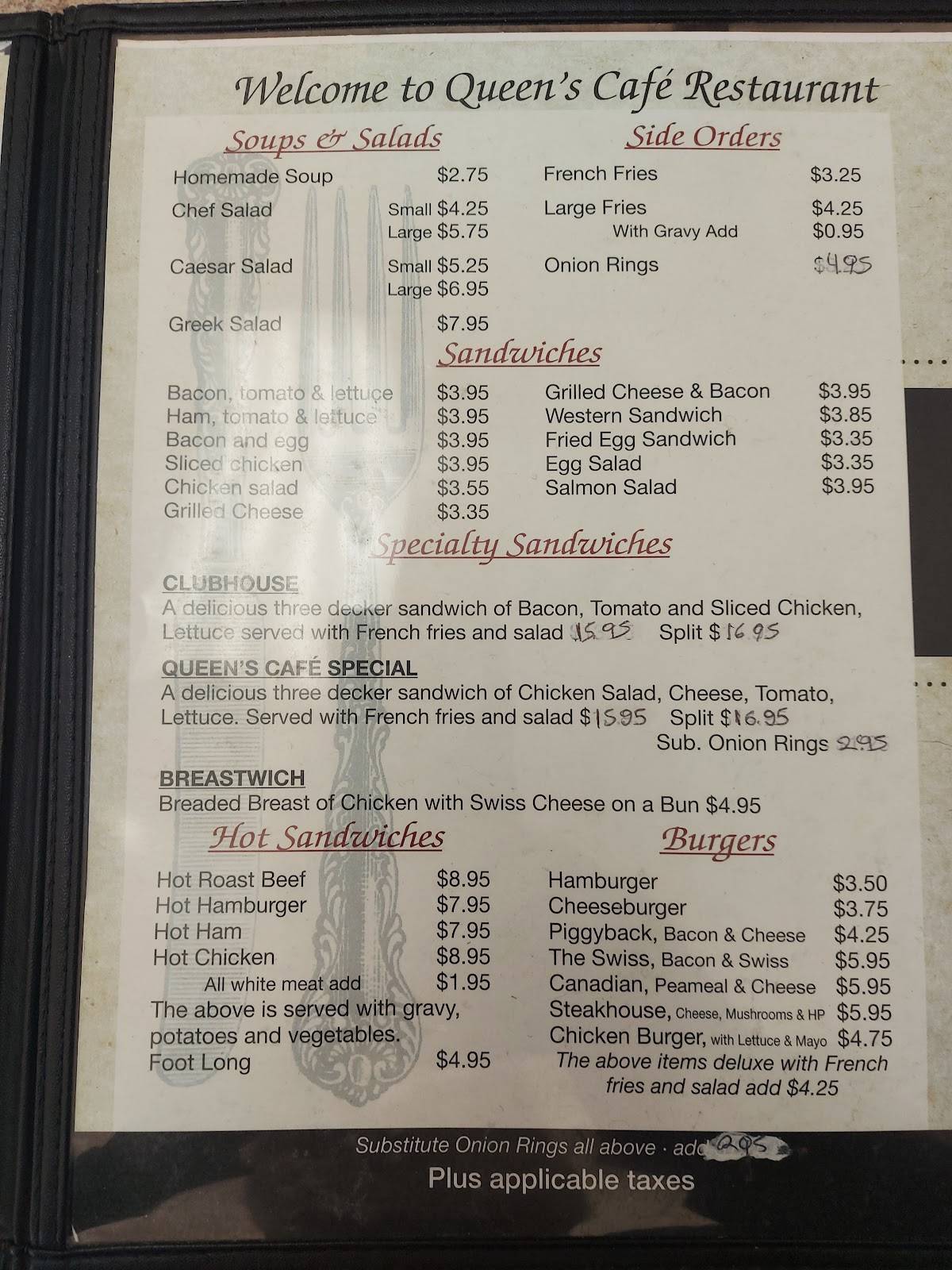 Menu at Queens Café Restaurant, Tillsonburg