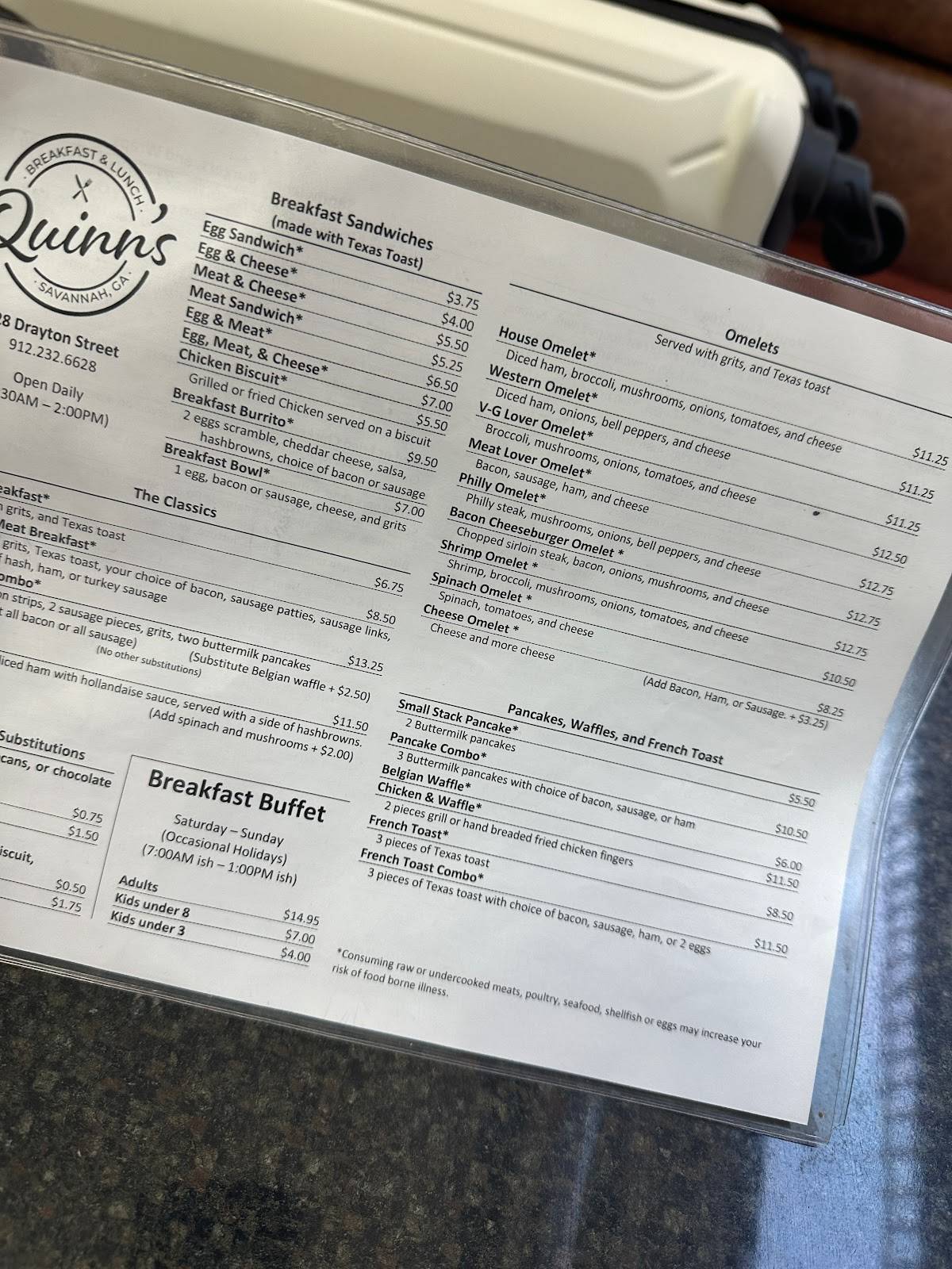 Menu at Quinn's Breakfast and Lunch restaurant, Savannah