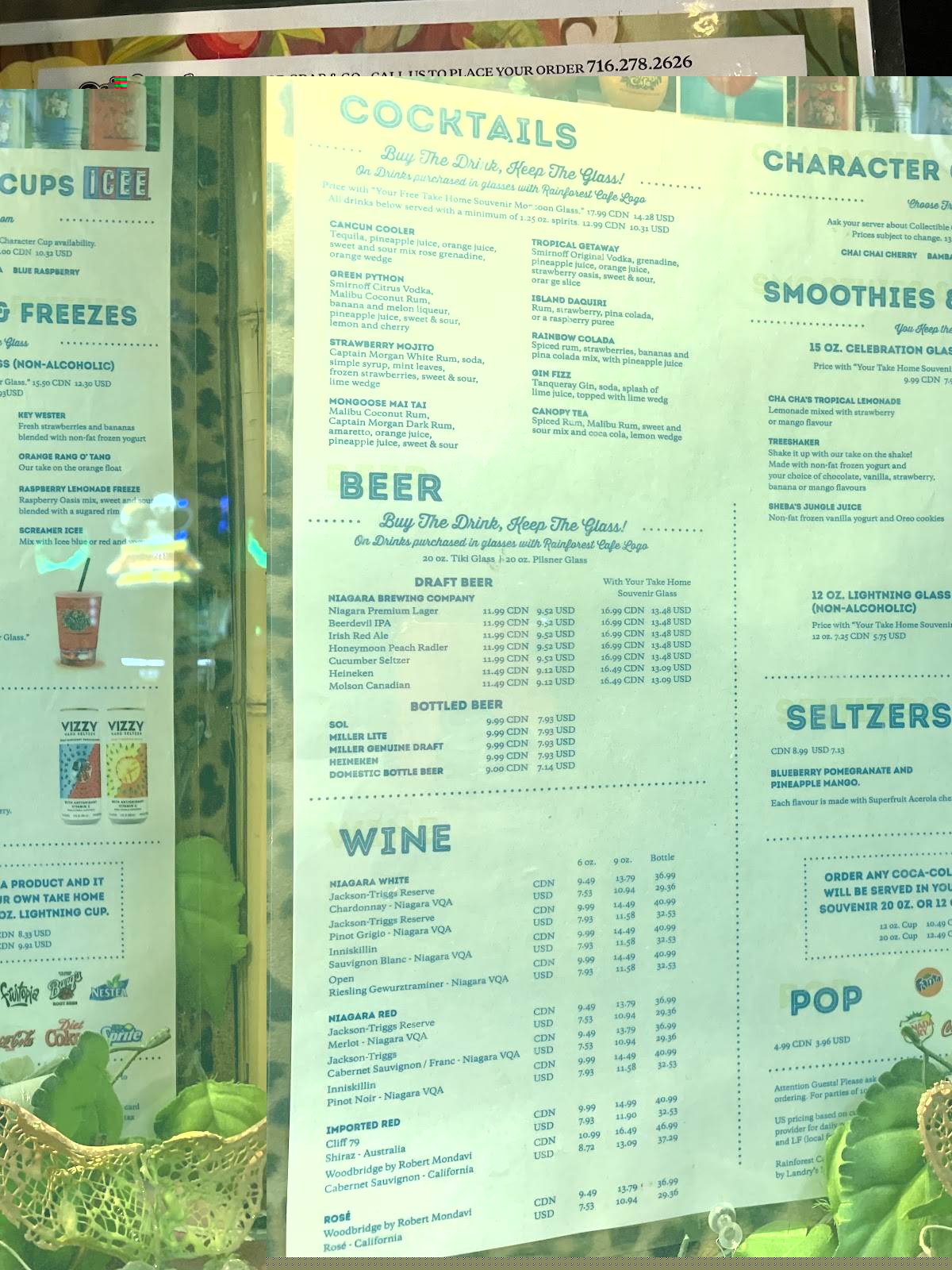 Menu at Rainforest Cafe Niagara Falls Canada, Niagara Falls, Clifton Hill