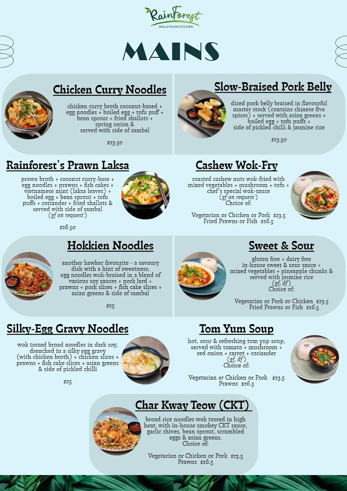Menu at Rainforest Malaysian Kitchen restaurant, Hamilton