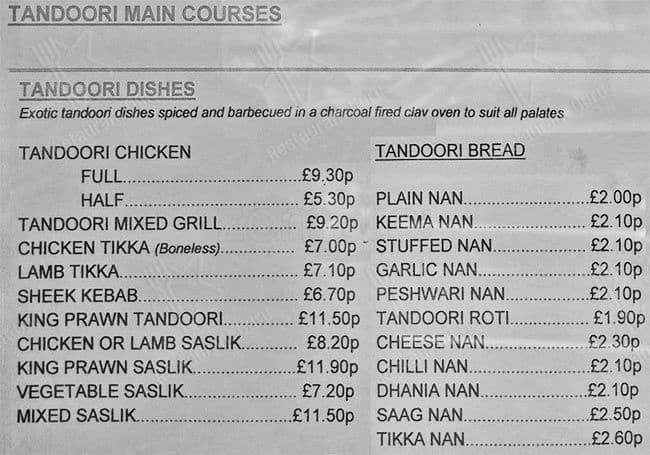 Menu at Raja Tandoori restaurant, Caterham, 4 High St