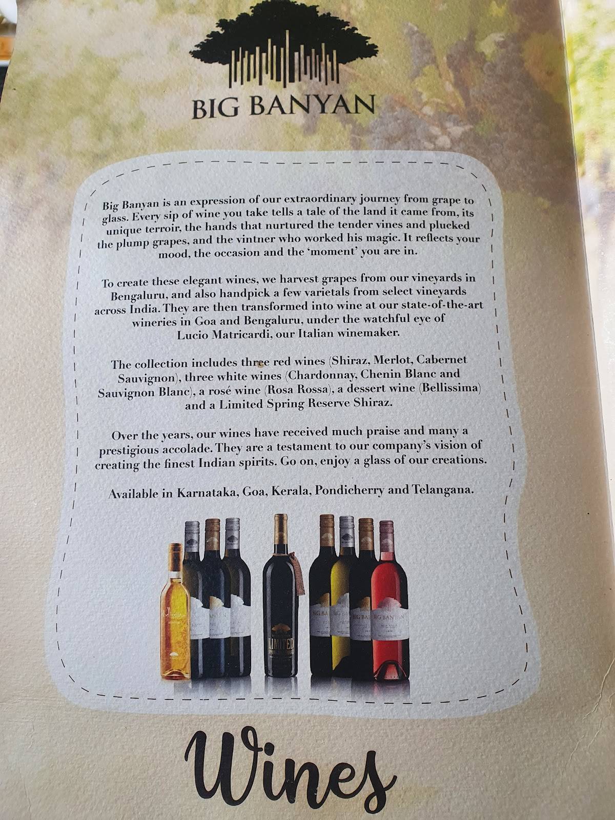 Menu at Ranch at Big Banyan Vineyard & Resort, Bengaluru