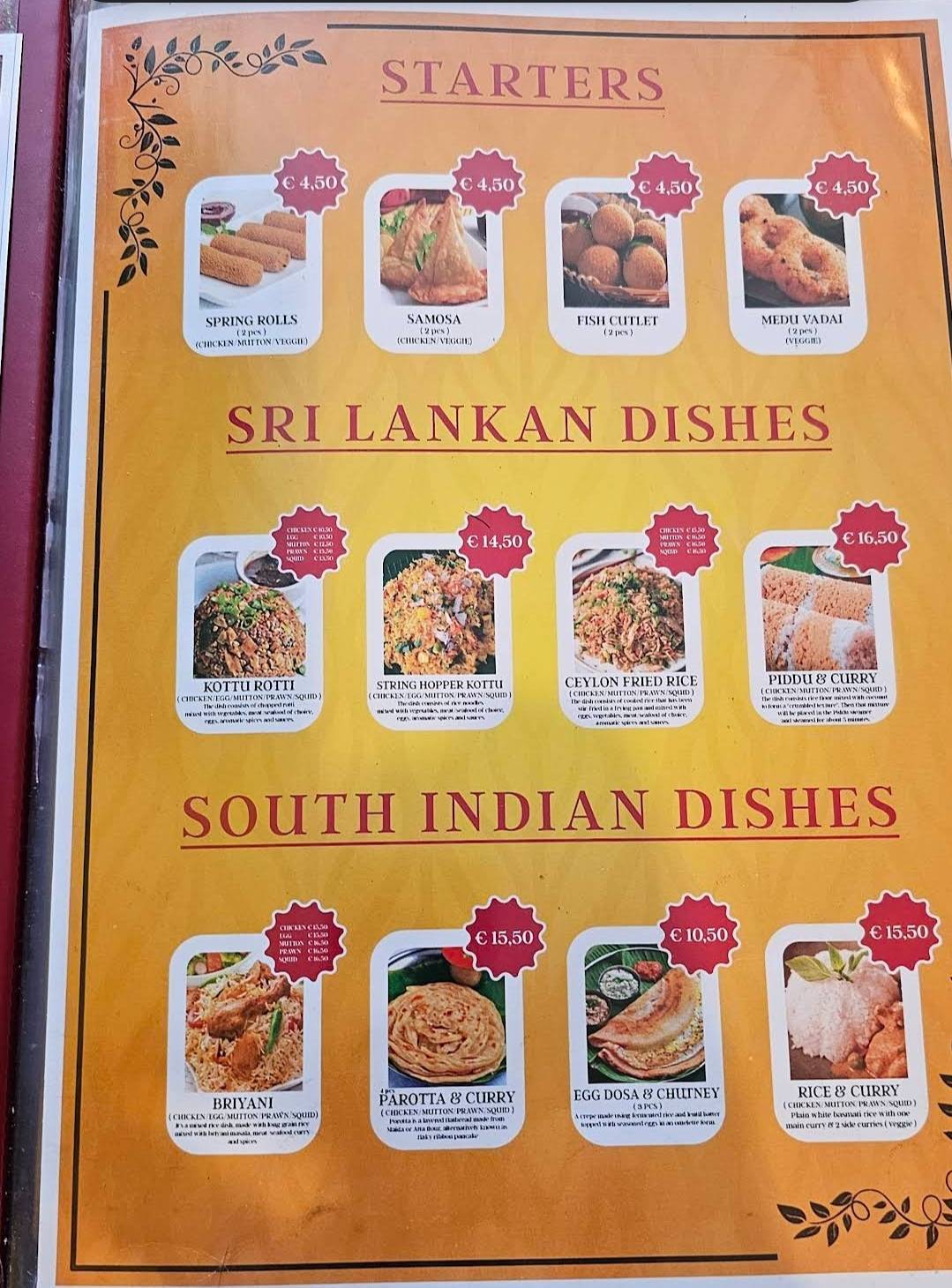 Menu at Restaurant Ceylon - Sri Lankan and South Indian Restaurant, Antwerp