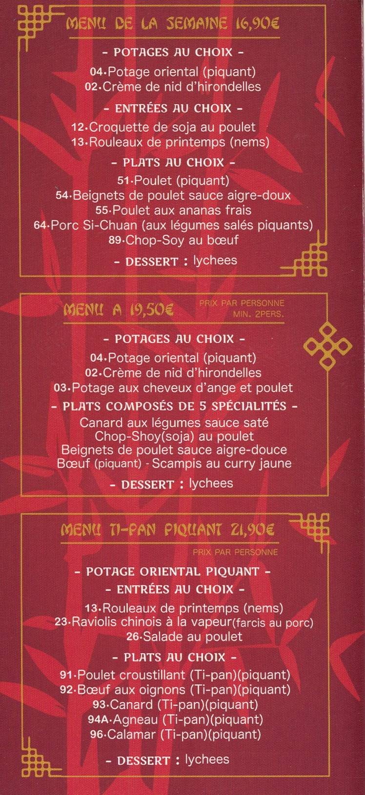 Menu au Restaurant Chinois Chaud, Namur