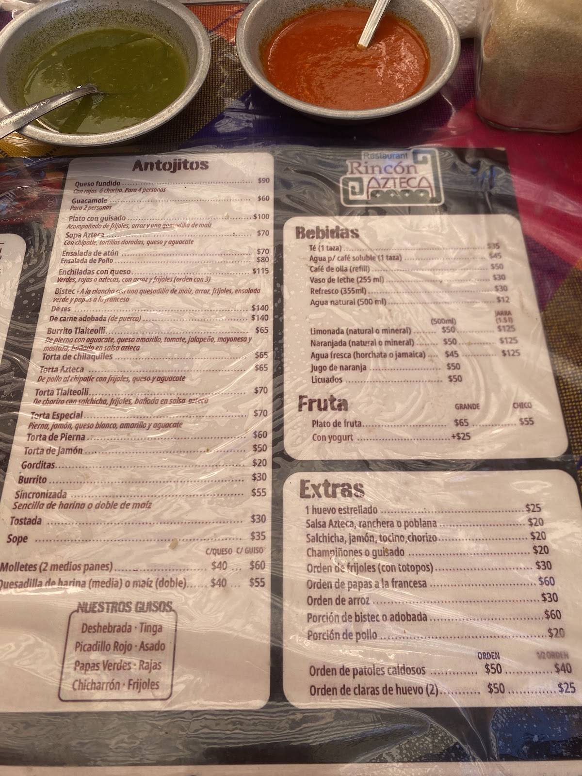Carta de Restaurant Rincón Azteca, Durango, Calle 5 de Febrero 1117