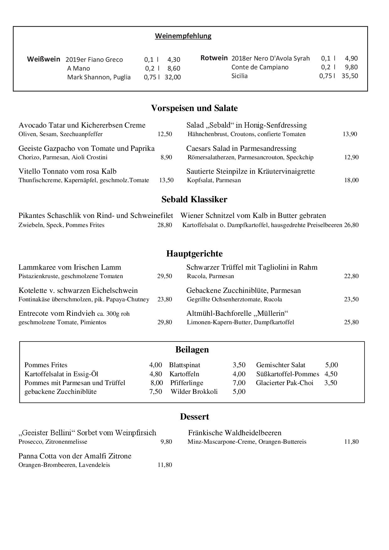 Speisekarte von Café Brasserie Sebald cafe, Nürnberg