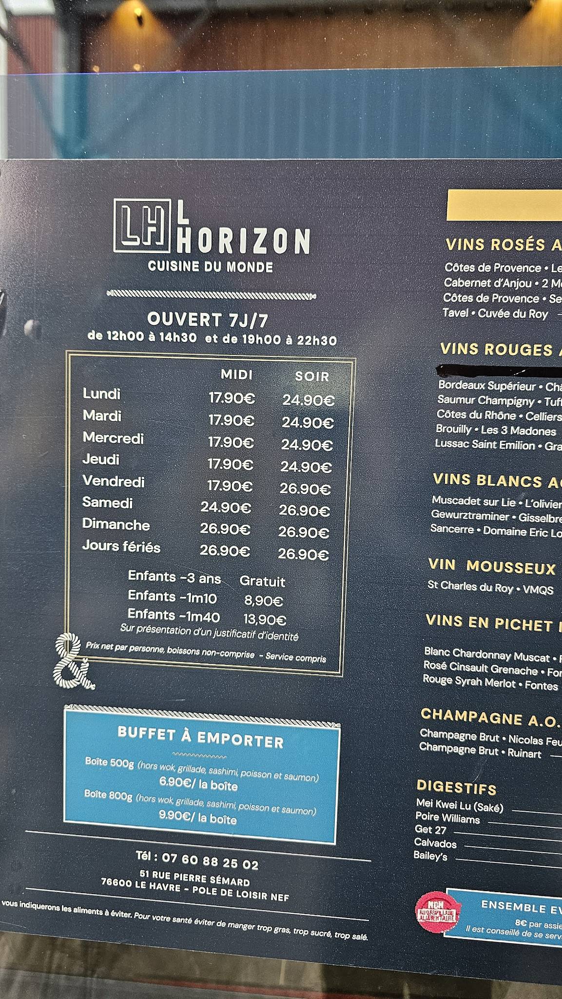 Menu au Restaurant l'Horizon, Le Havre