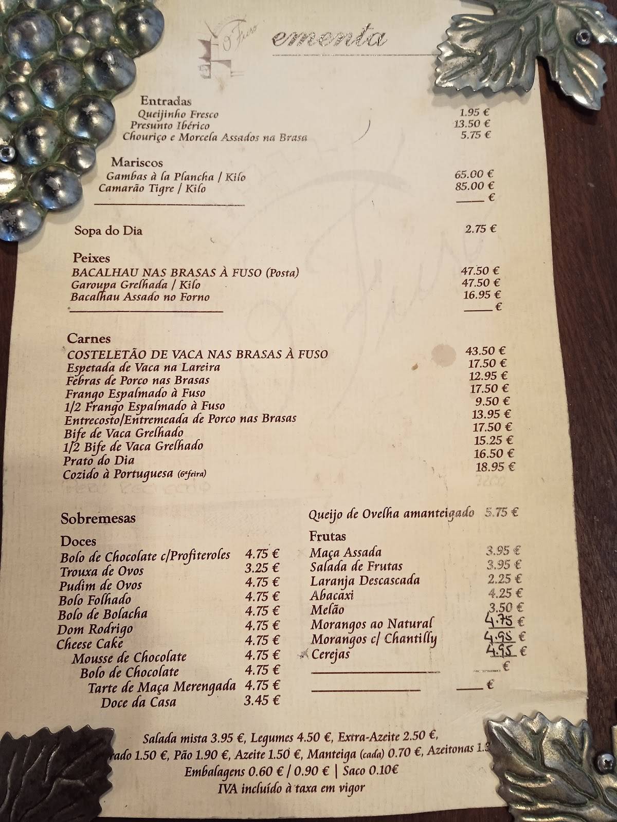 Menu em Restaurante O Fuso, Arruda dos Vinhos