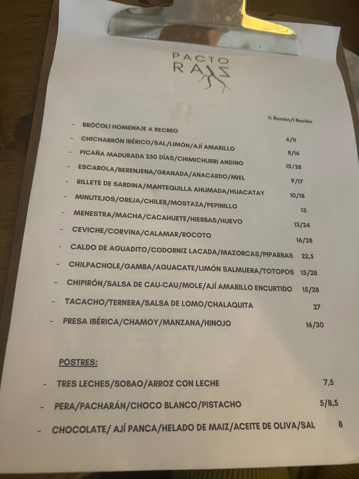 Carta de Restaurante PACTO RAÍZ, Madrid