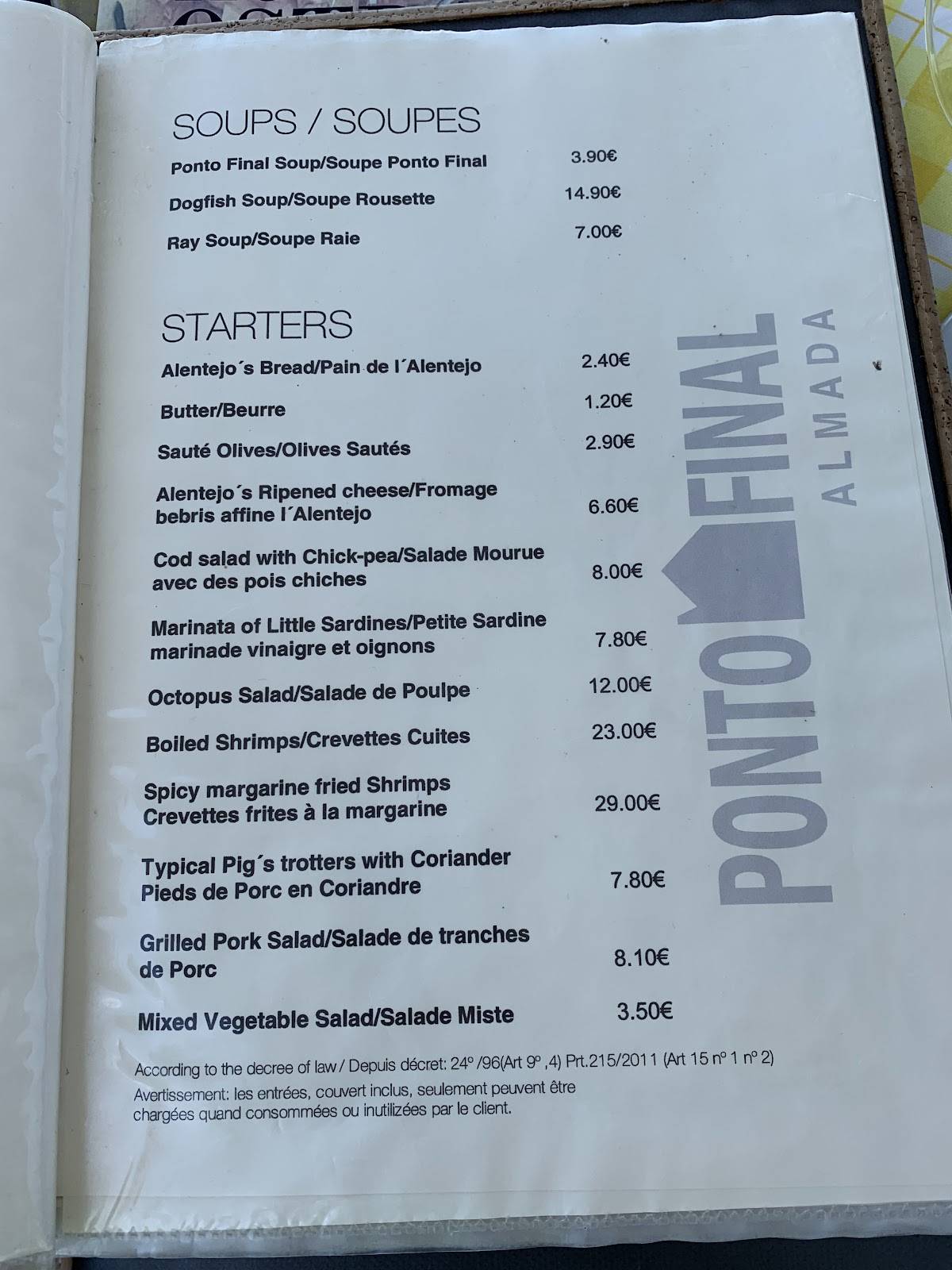 Menu at Restaurante Ponto Final, Almada