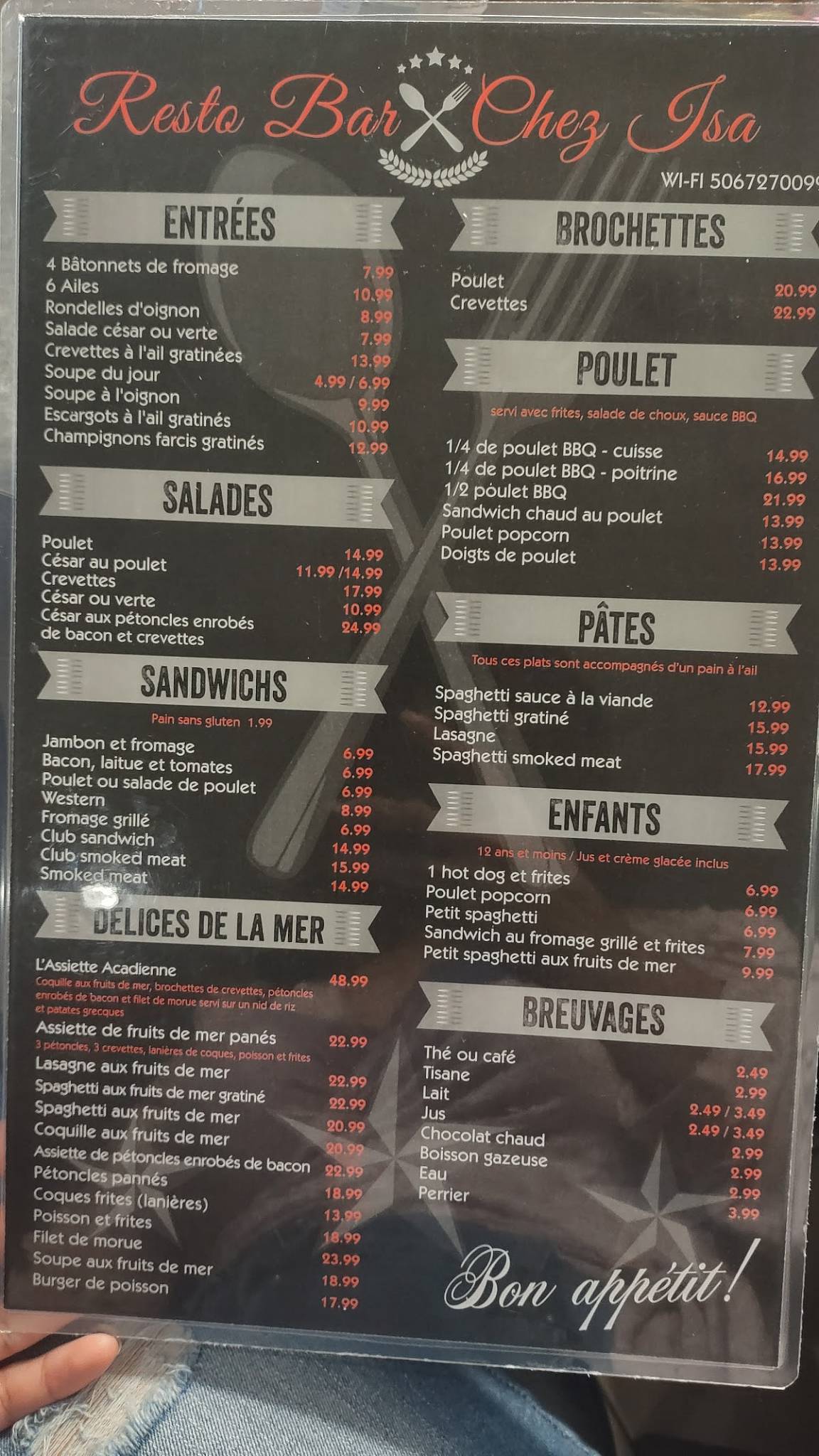 Menu au Resto Chez Isa restaurant, Bertrand