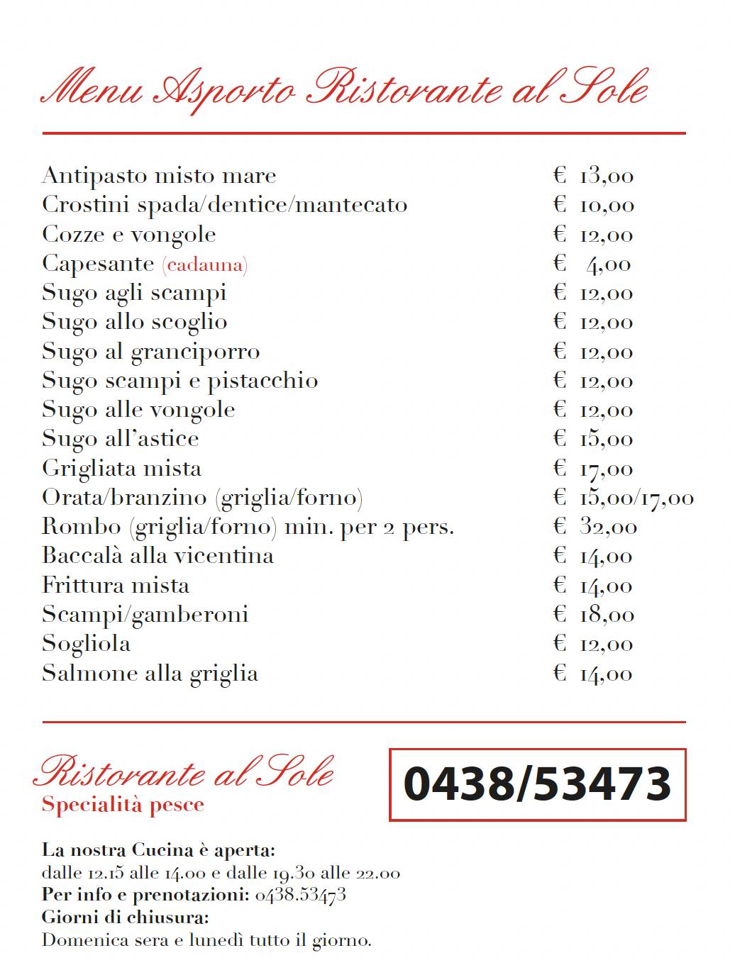 Menu at Ristorante Al Sole, Vittorio Veneto