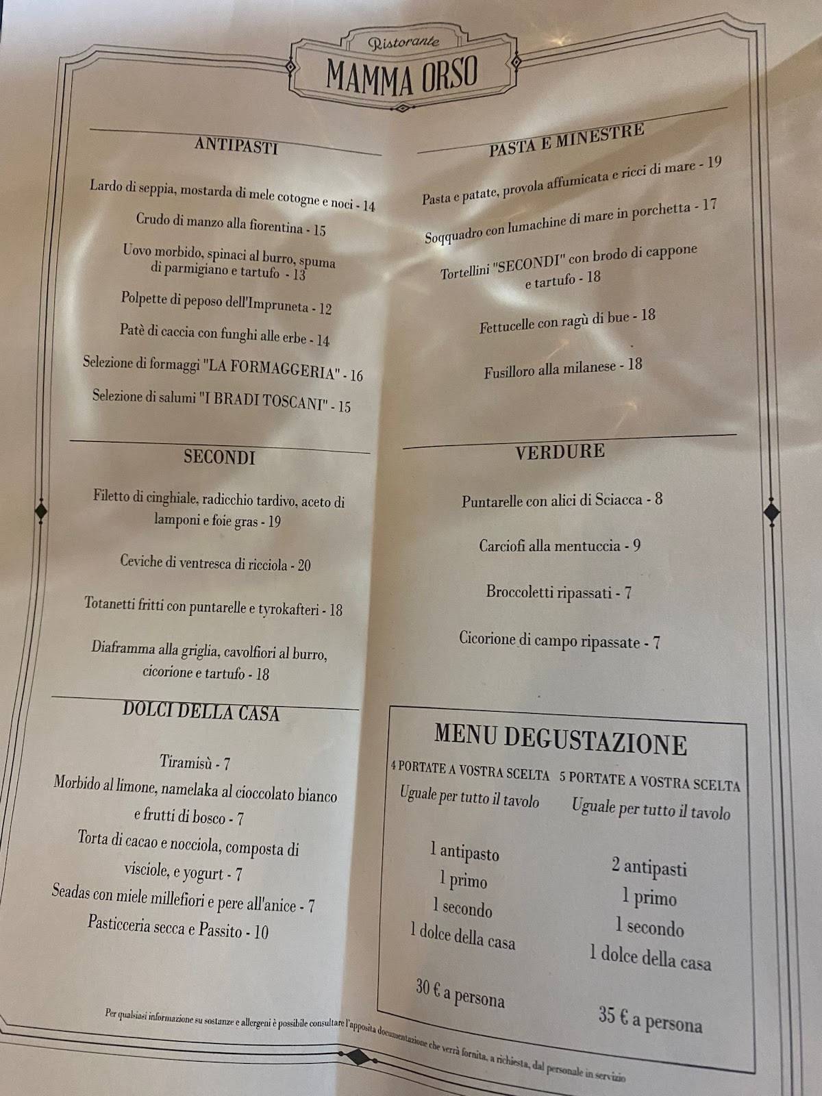 Menu da Mamma Orso ristorante, Roma