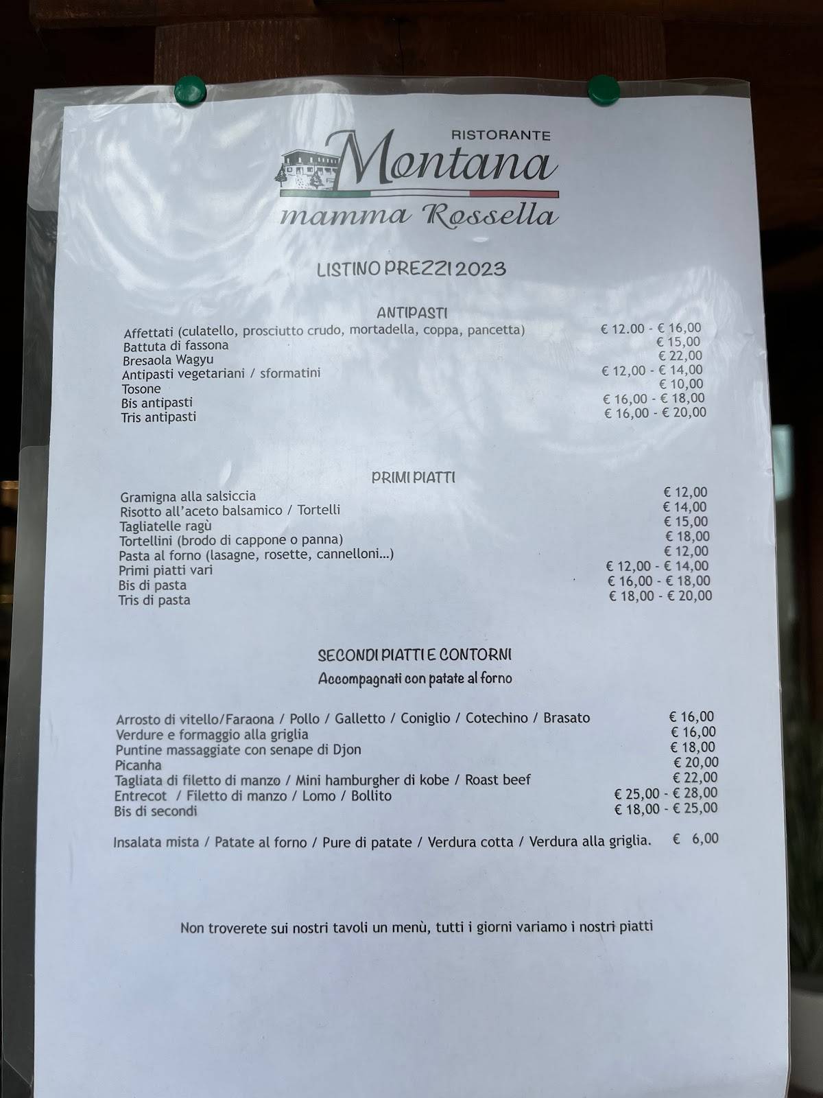 Menu at Ristorante Montana, Fiorano Modenese