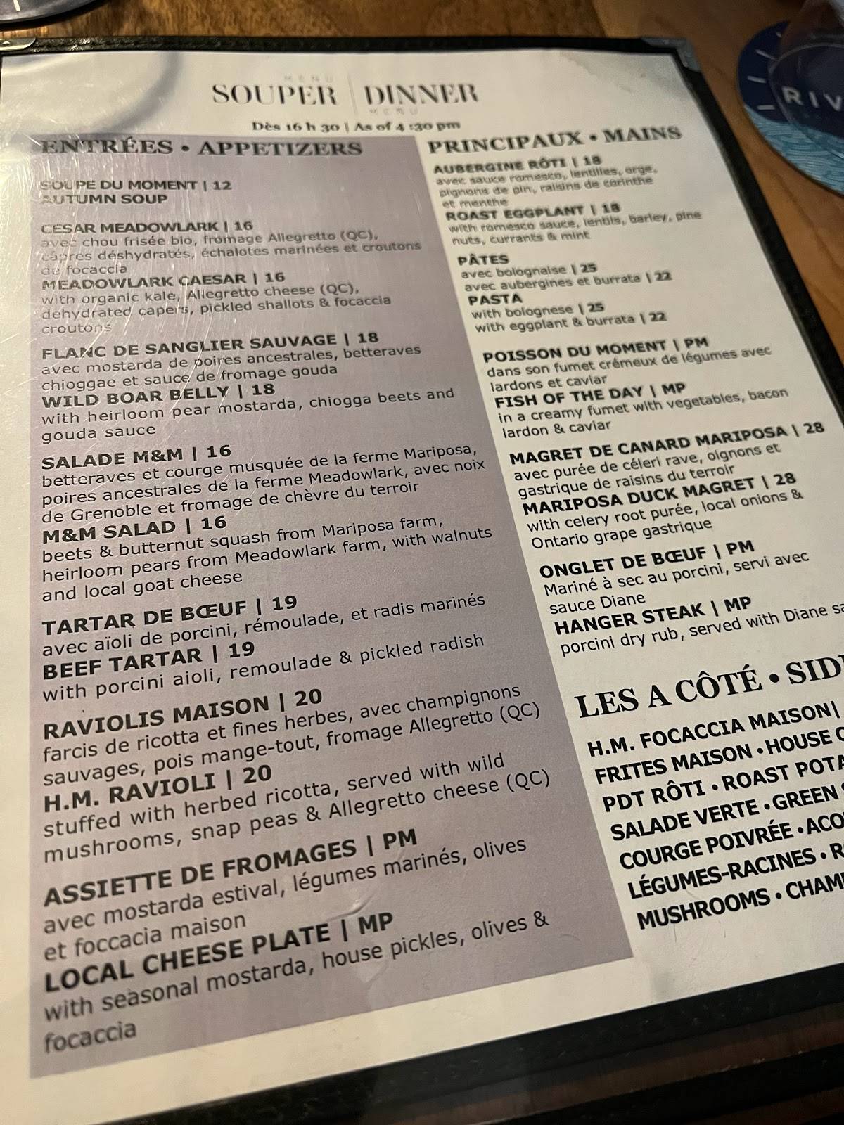 Menu at Riverest restaurant, L'Orignal