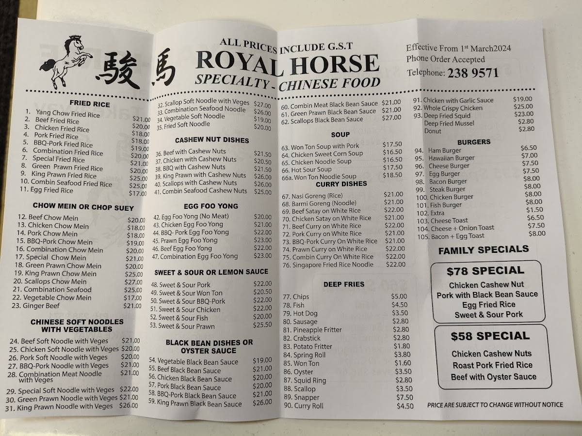 Menu at Royal Horse Restaurant & Takeaways, Pukekohe