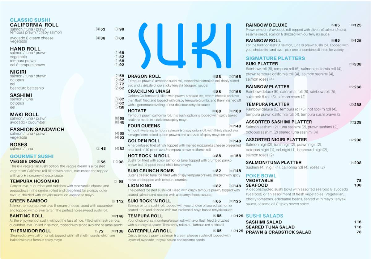 Menu at SUKI Sushi & Asian Cuisine restaurant, Port Elizabeth