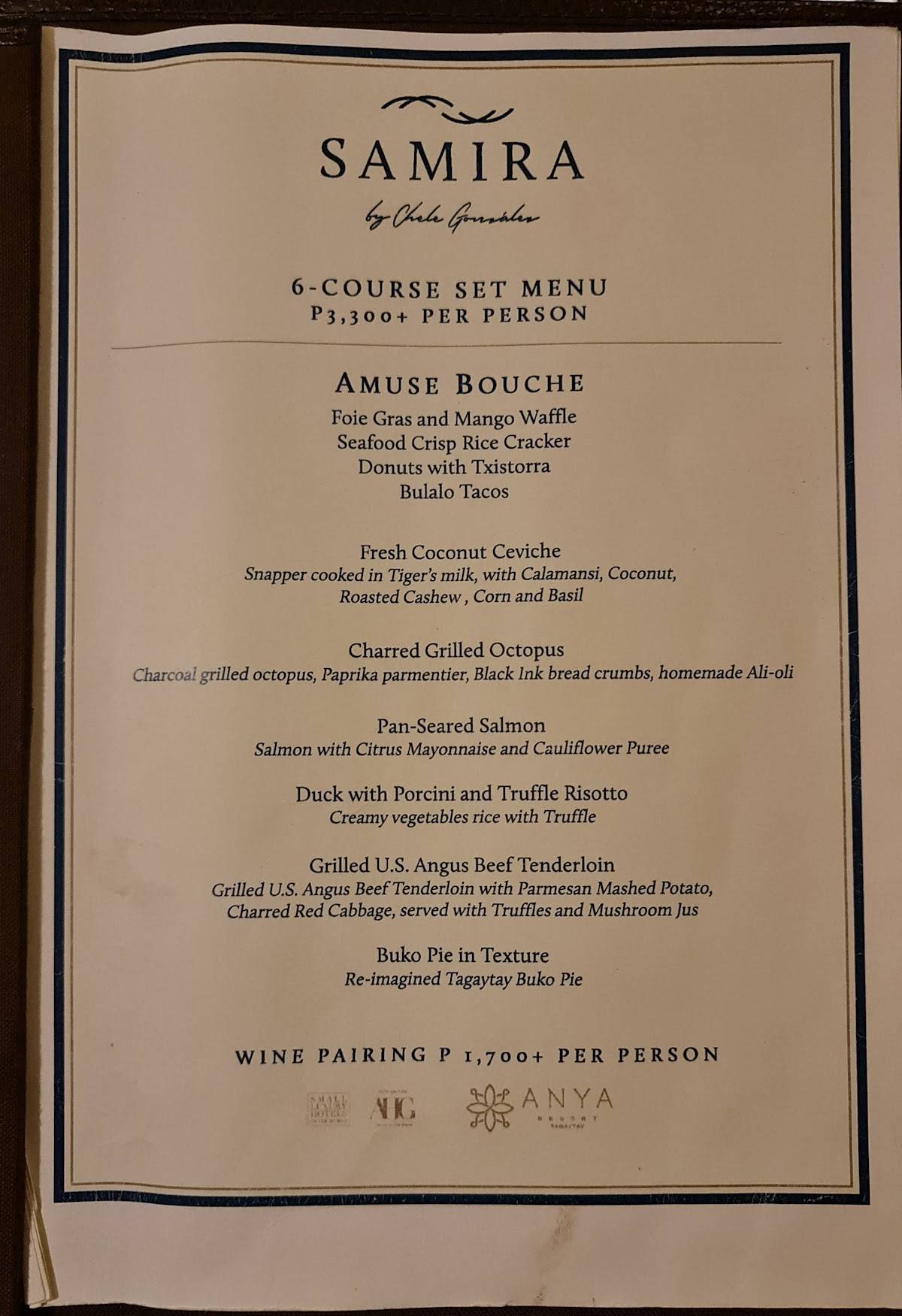 Menu at Samira by Chele Gonzalez restaurant, Tagaytay