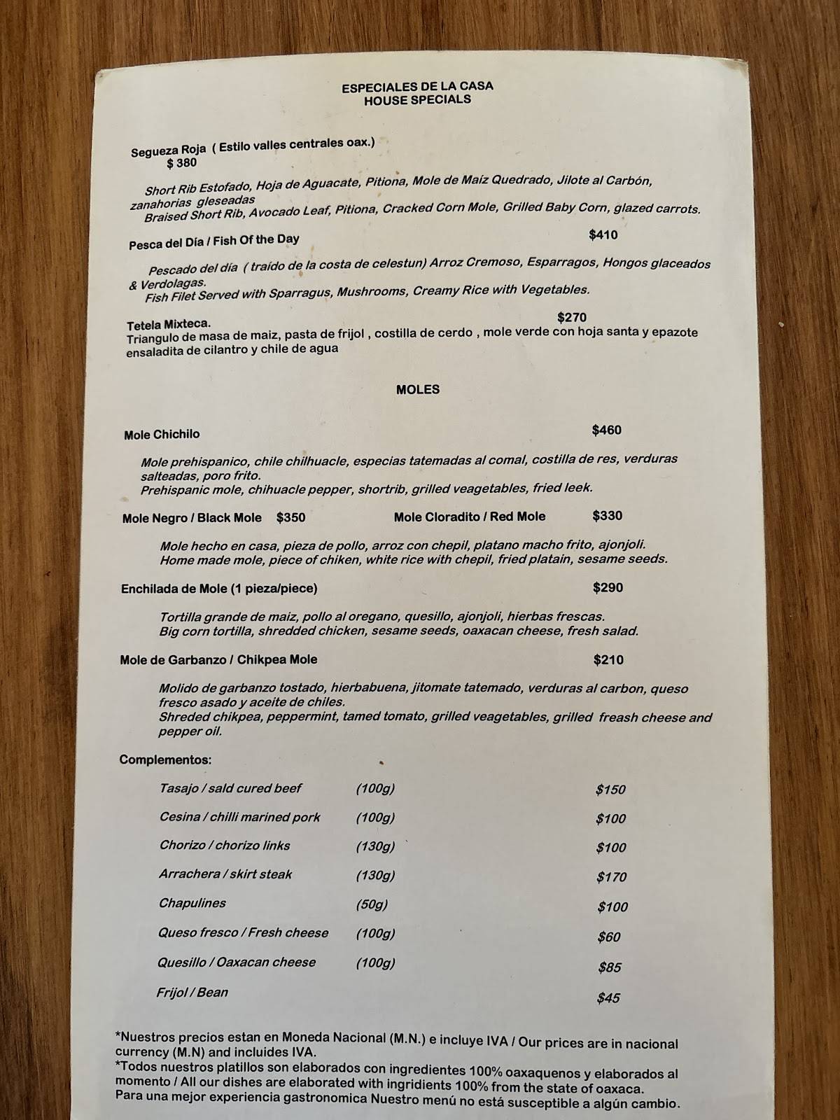 Menu at Sandunga- Cocina Tradicional Oaxaqueña restaurant, Merida