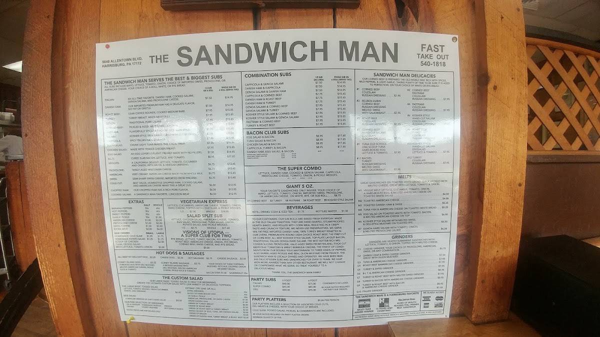 Menu at Sandwich Man restaurant, Paxtonia, Allentown Blvd
