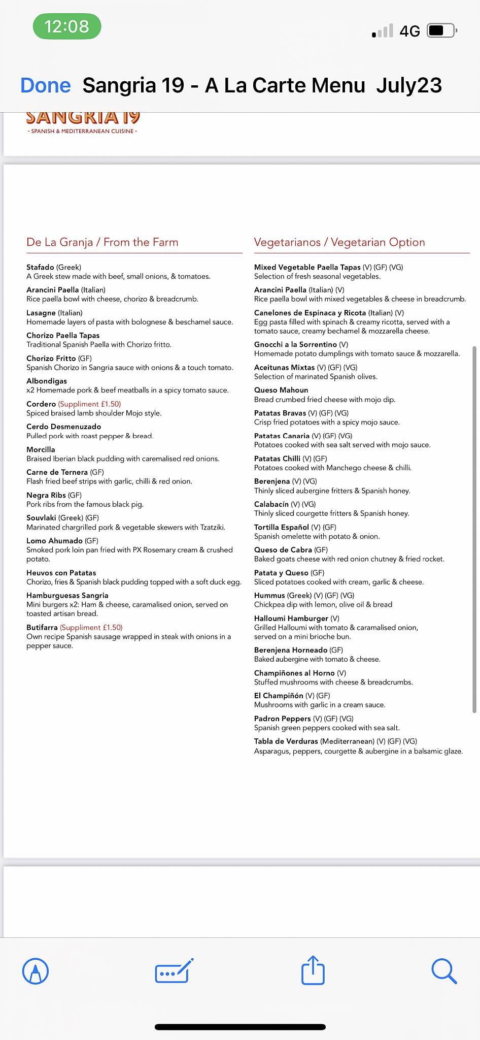 Menu at Sangria 19 restaurant, Hamilton, 19 Gateside St