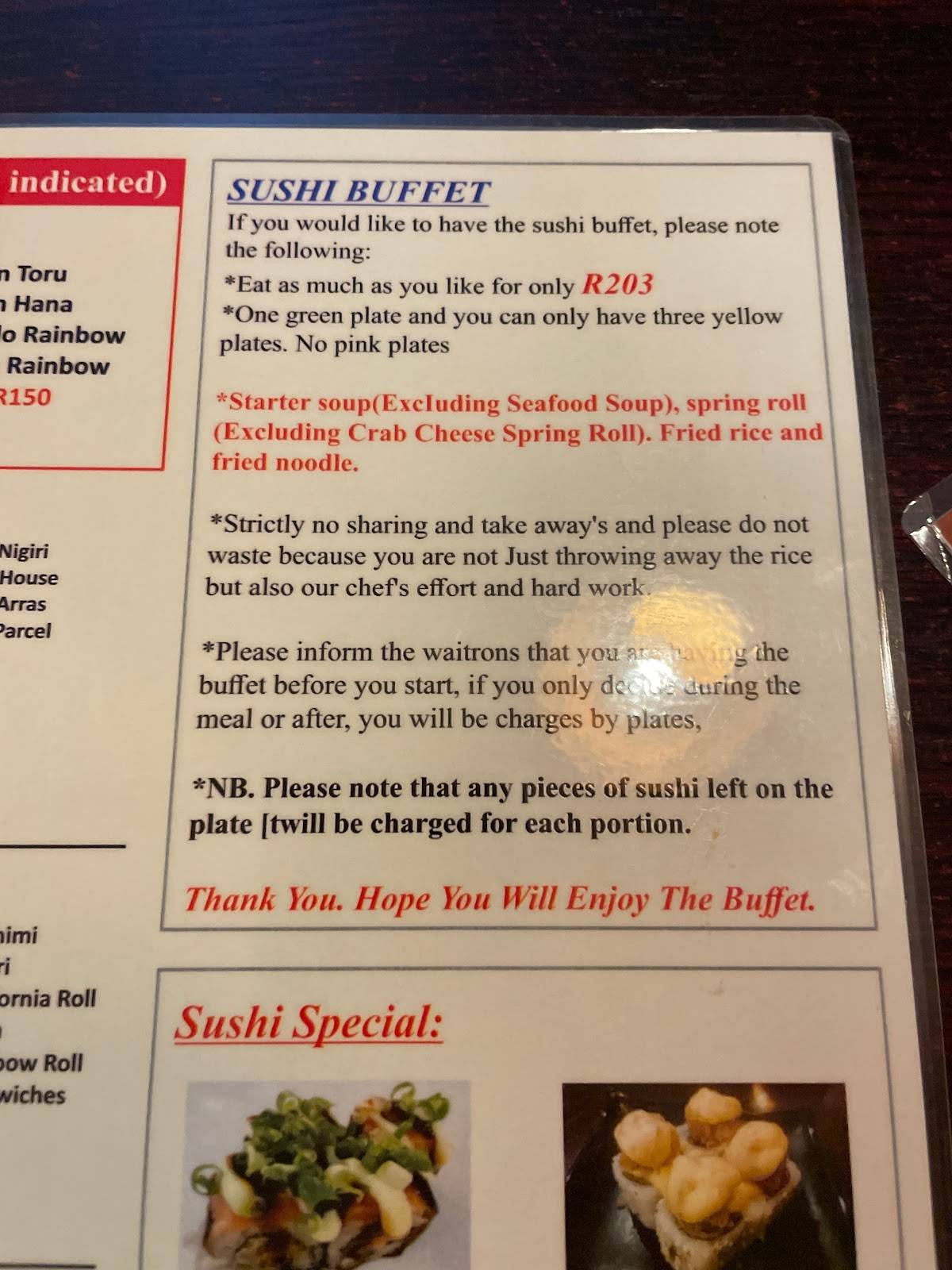 Menu at Sasaki Sushi restaurant, Pretoria, Atterbury Rd