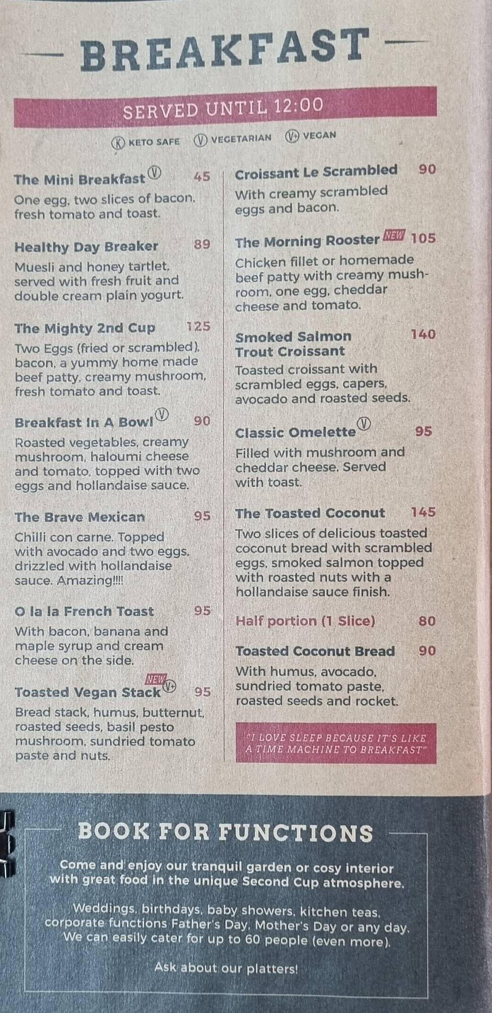 Menu at Second Cup restaurant, Johannesburg, John Vorster Rd