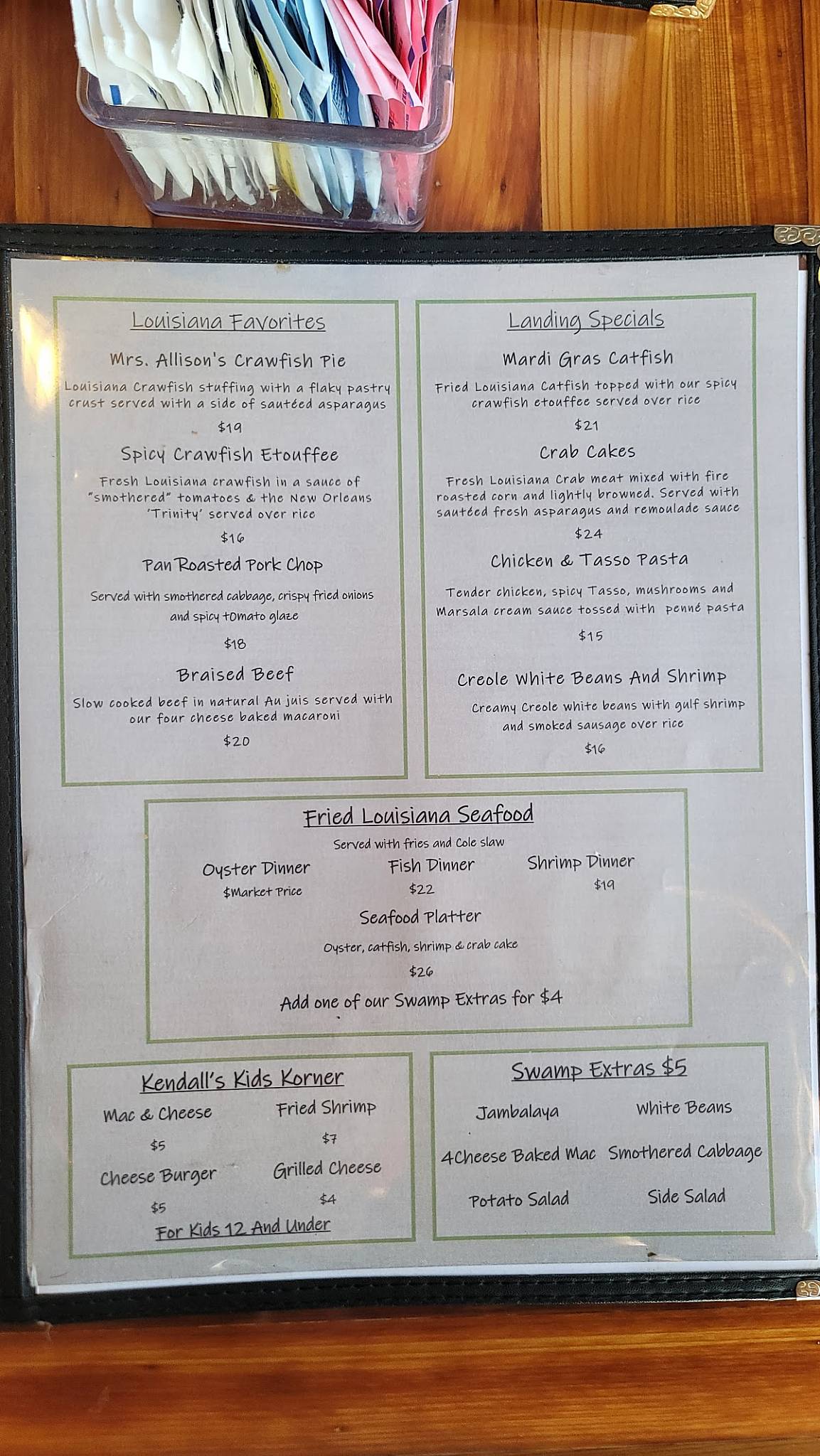 Menu at Segnette Landing Harbor Front Dining restaurant, Westwego
