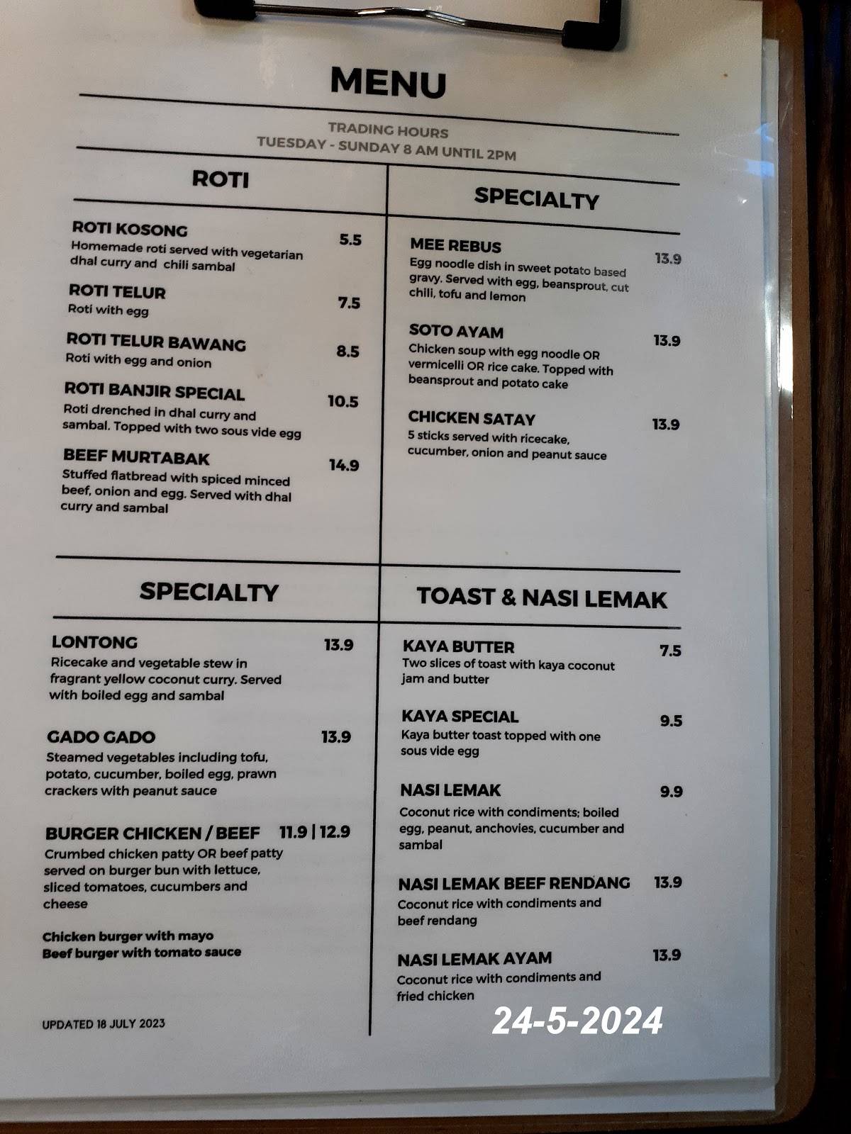 Menu at Selera Malaysia restaurant, Cannington