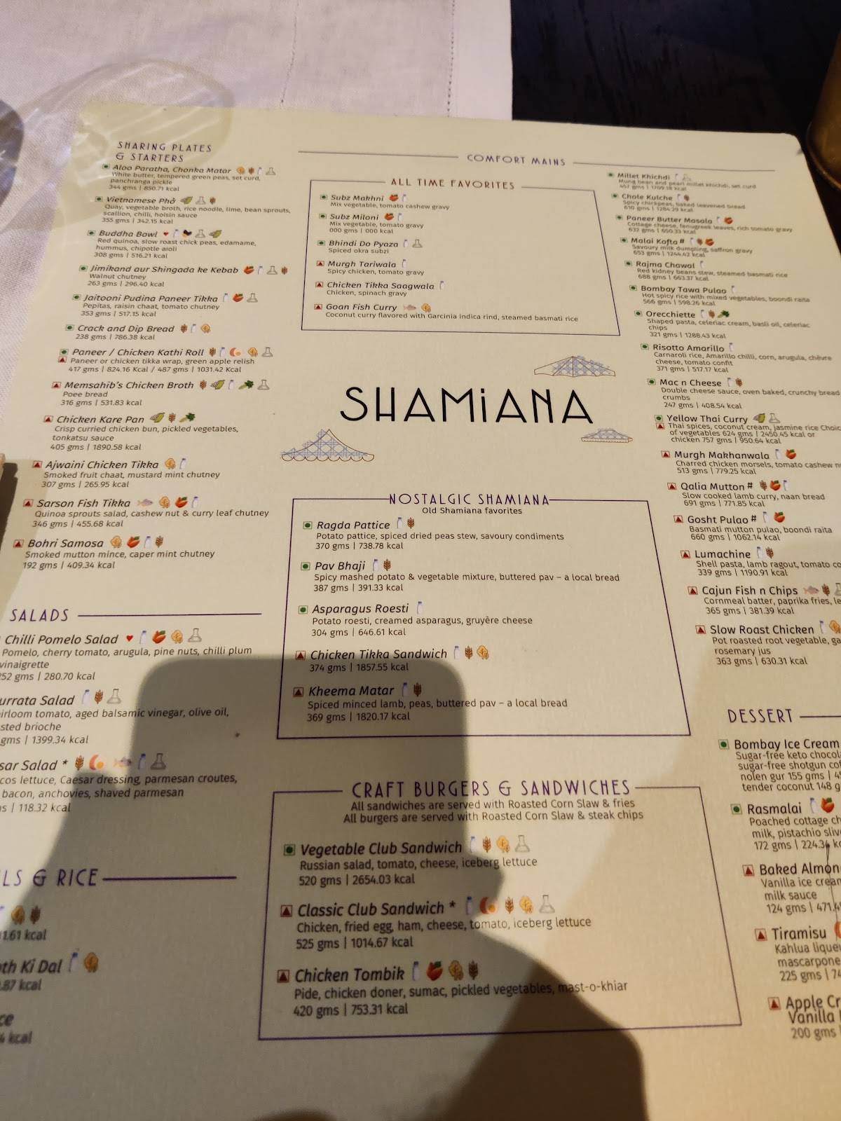 Menu at Shamiana, Mumbai, The Taj Mahal Palace Hotel