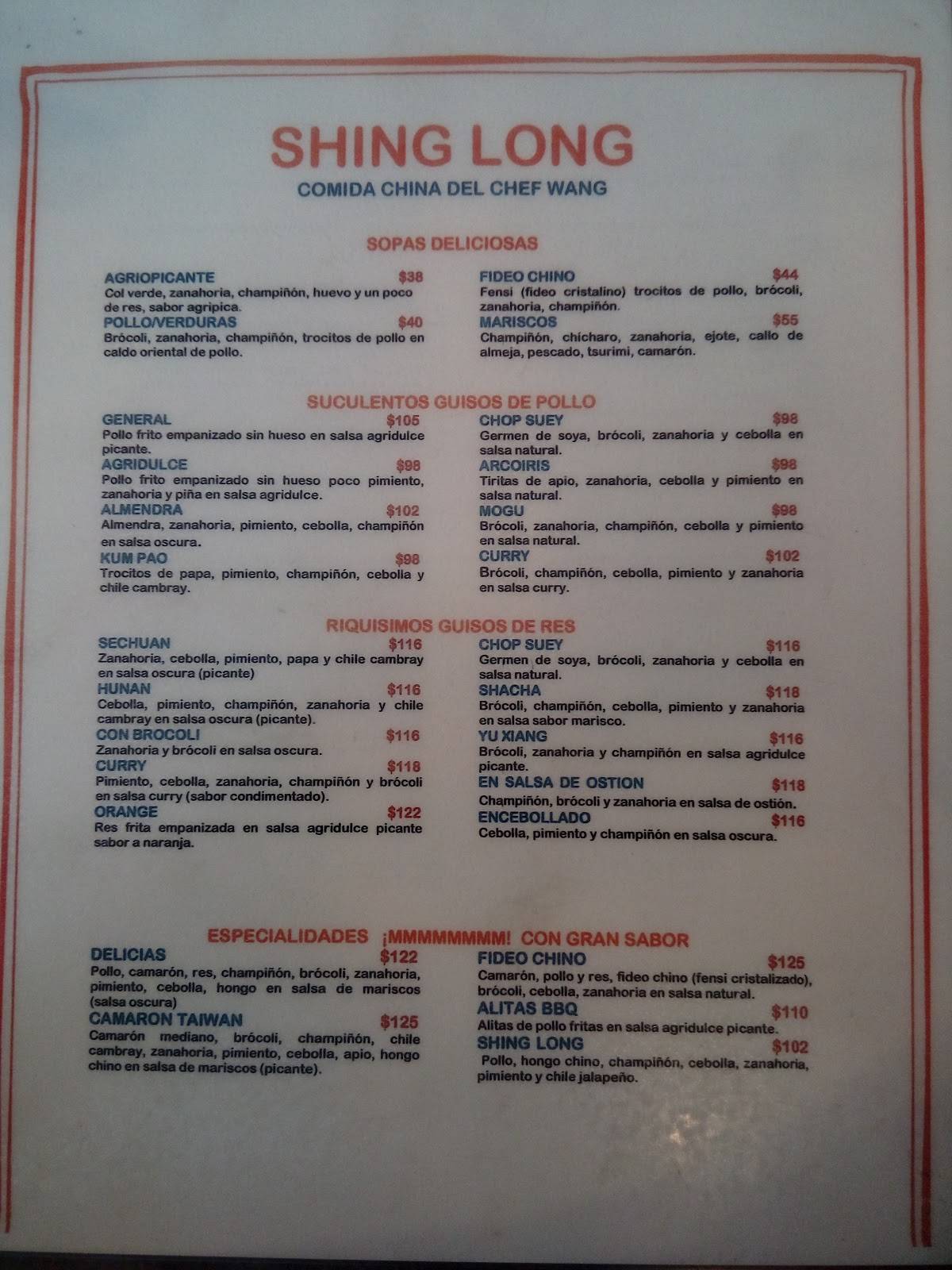 Carta del restaurante Shing Long, Monterrey, Av. Revolución 3448