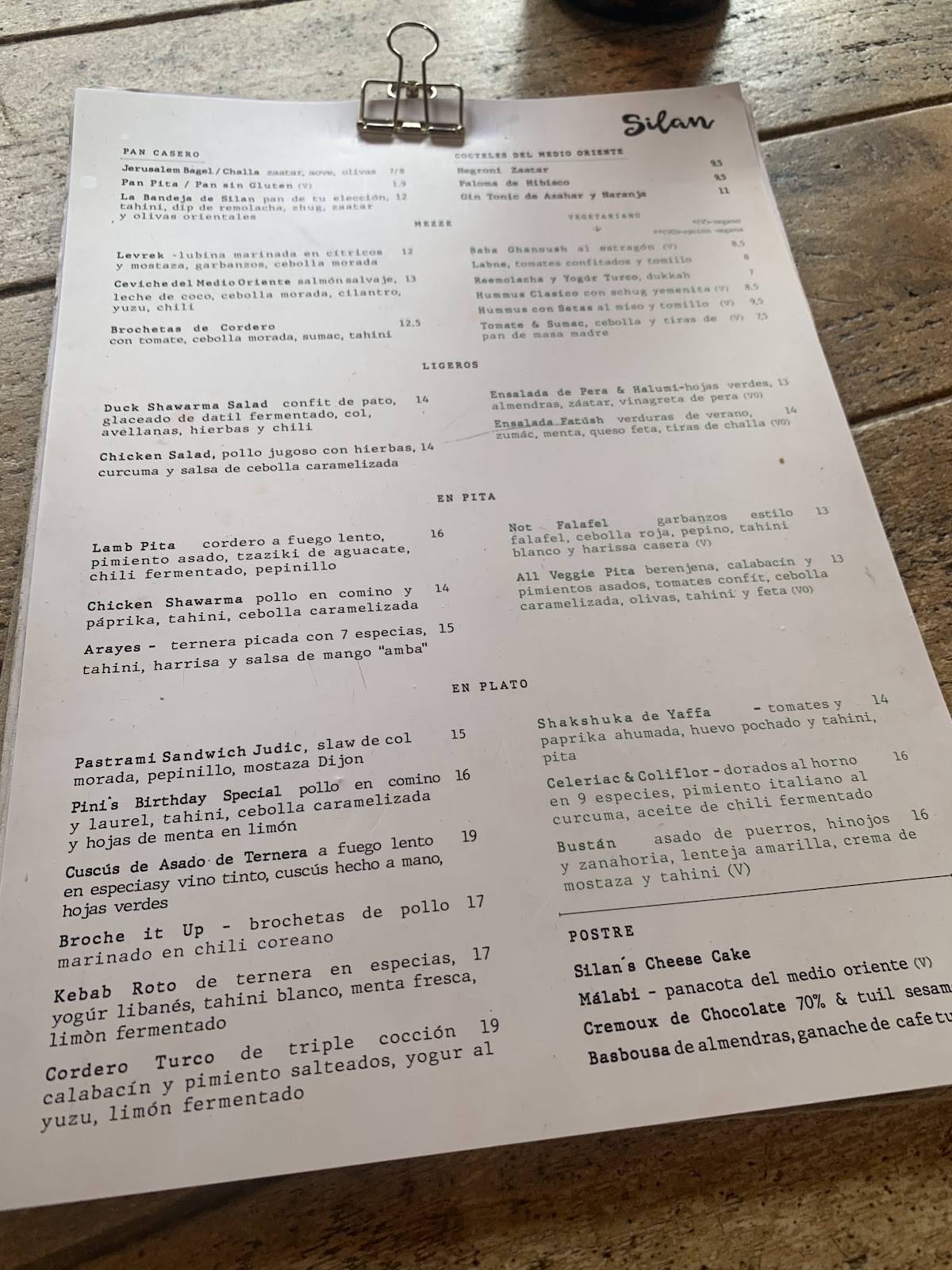 Carta del restaurante Silan, Barcelona, Carrer d'Enric Granados