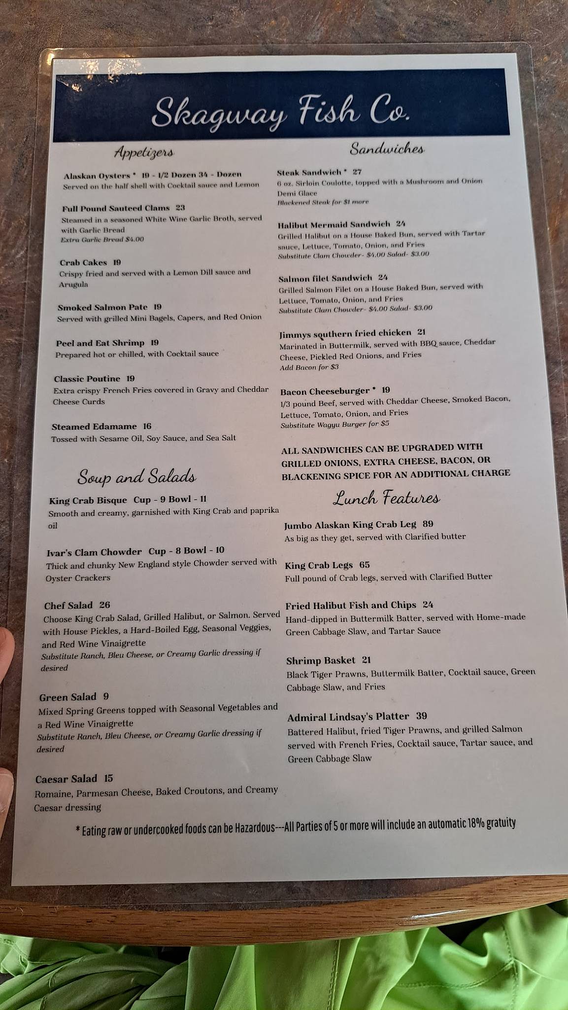 Menu at Skagway Fish Company restaurant, Skagway