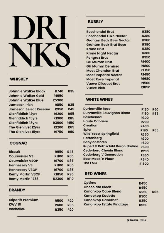 Menu at Smokeville restaurant, Soweto, 881 Motlana St