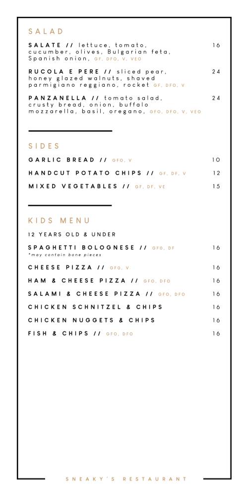 Menu at Sneaky's Restaurant, Angle Vale