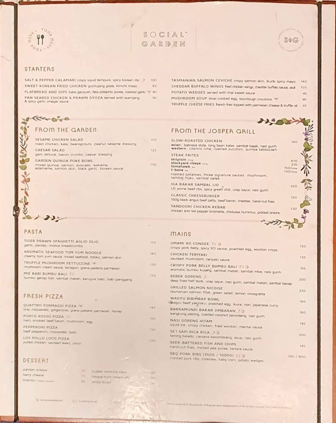 Menu at Social Garden restaurant, Jakarta, Senayan City
