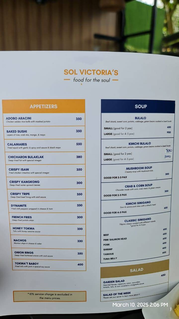 Menu at Sol Victoria's restaurant, Tagaytay
