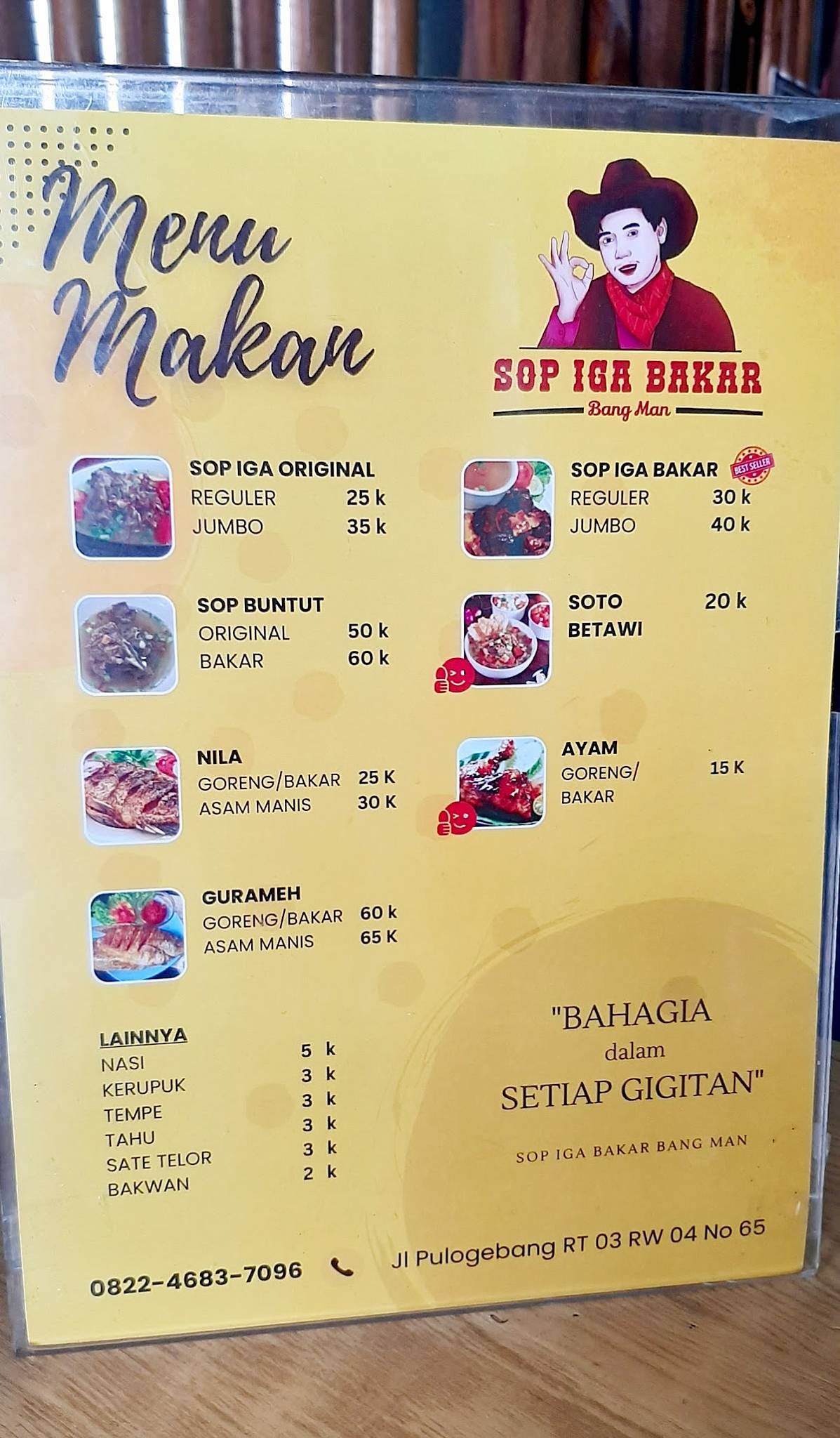Menu at Sop Iga Bakar - Pondok Bang Man restaurant, East Jakarta