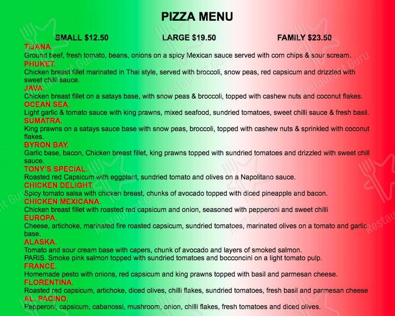 Menu at Sopranos Pizza pizzeria, Emu Plains