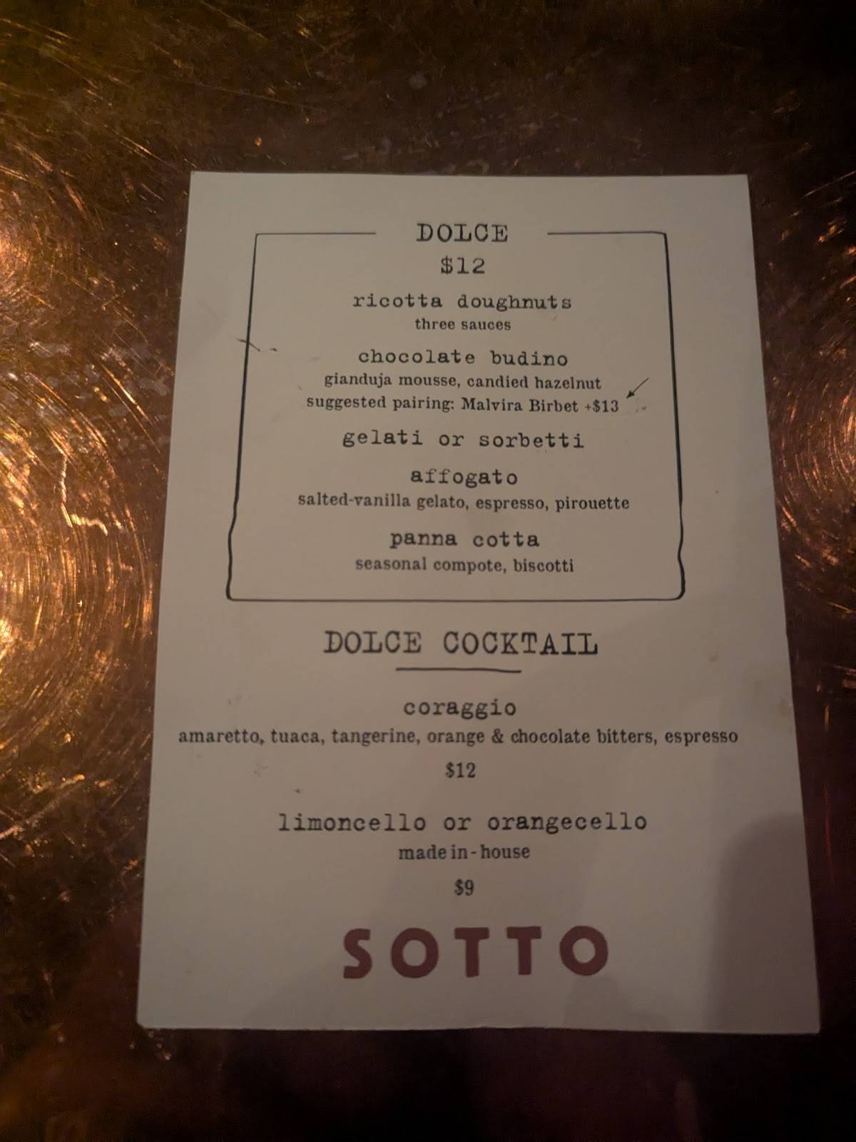 Menu at Sotto restaurant, Cincinnati
