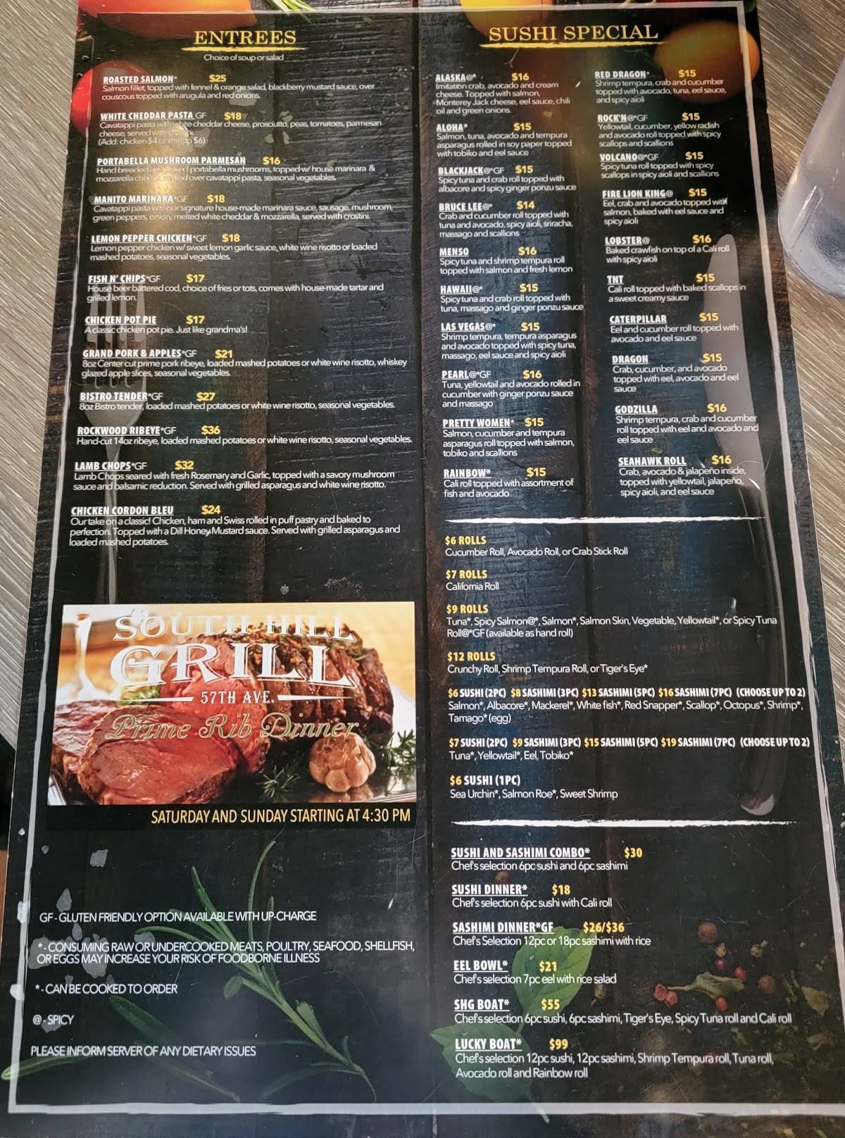 Menu at South Hill Grill restaurant, Spokane, E 57th Ave
