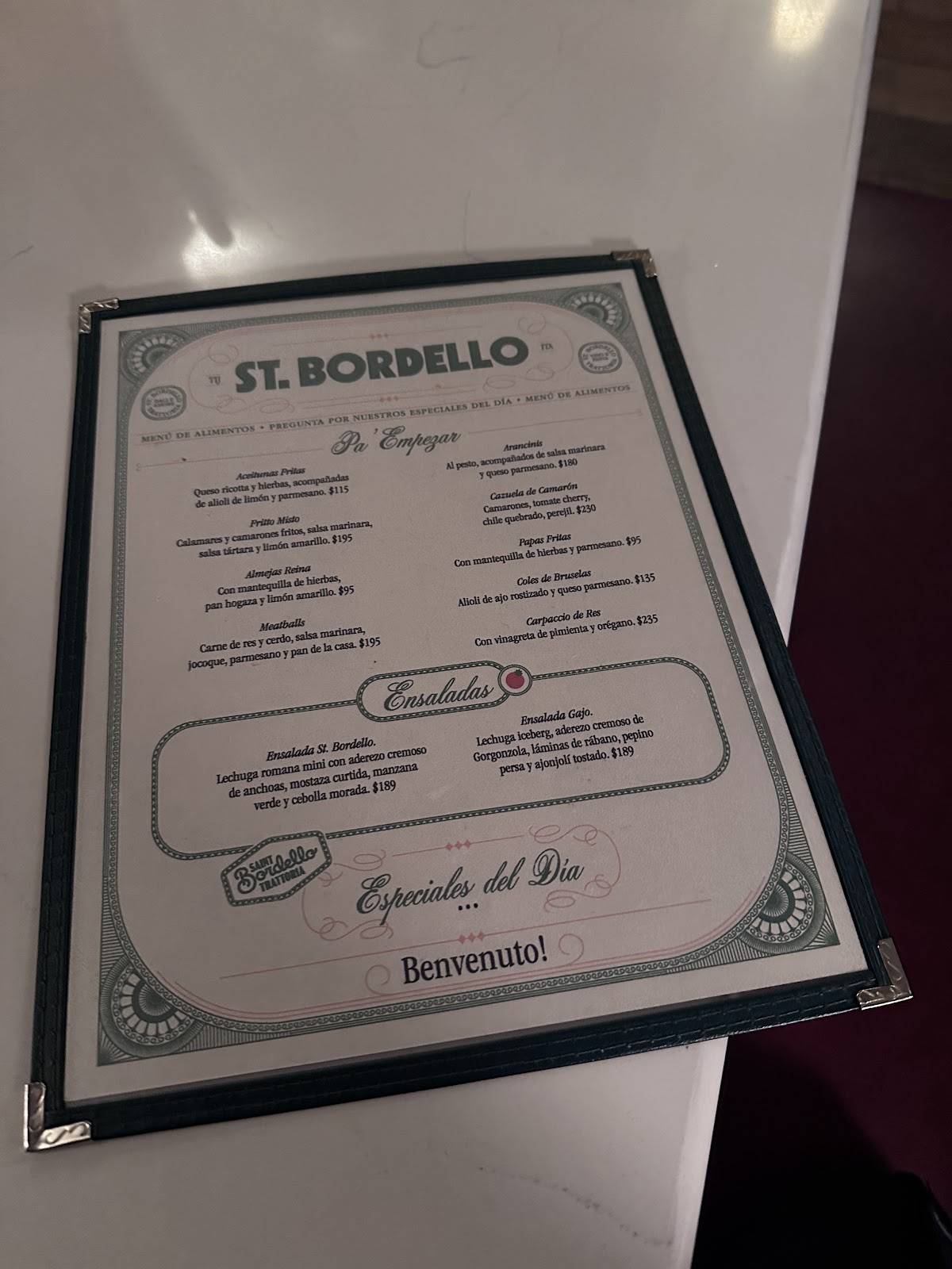 Menu at St. Bordello restaurant, Tijuana