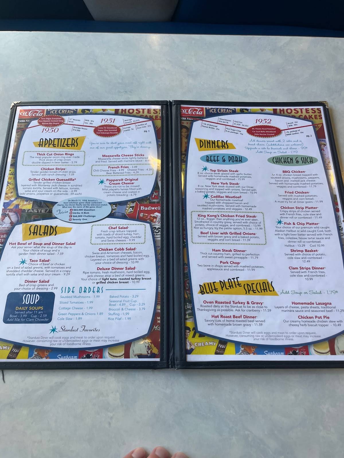 Menu at Stardust Diner cafe, Vancouver