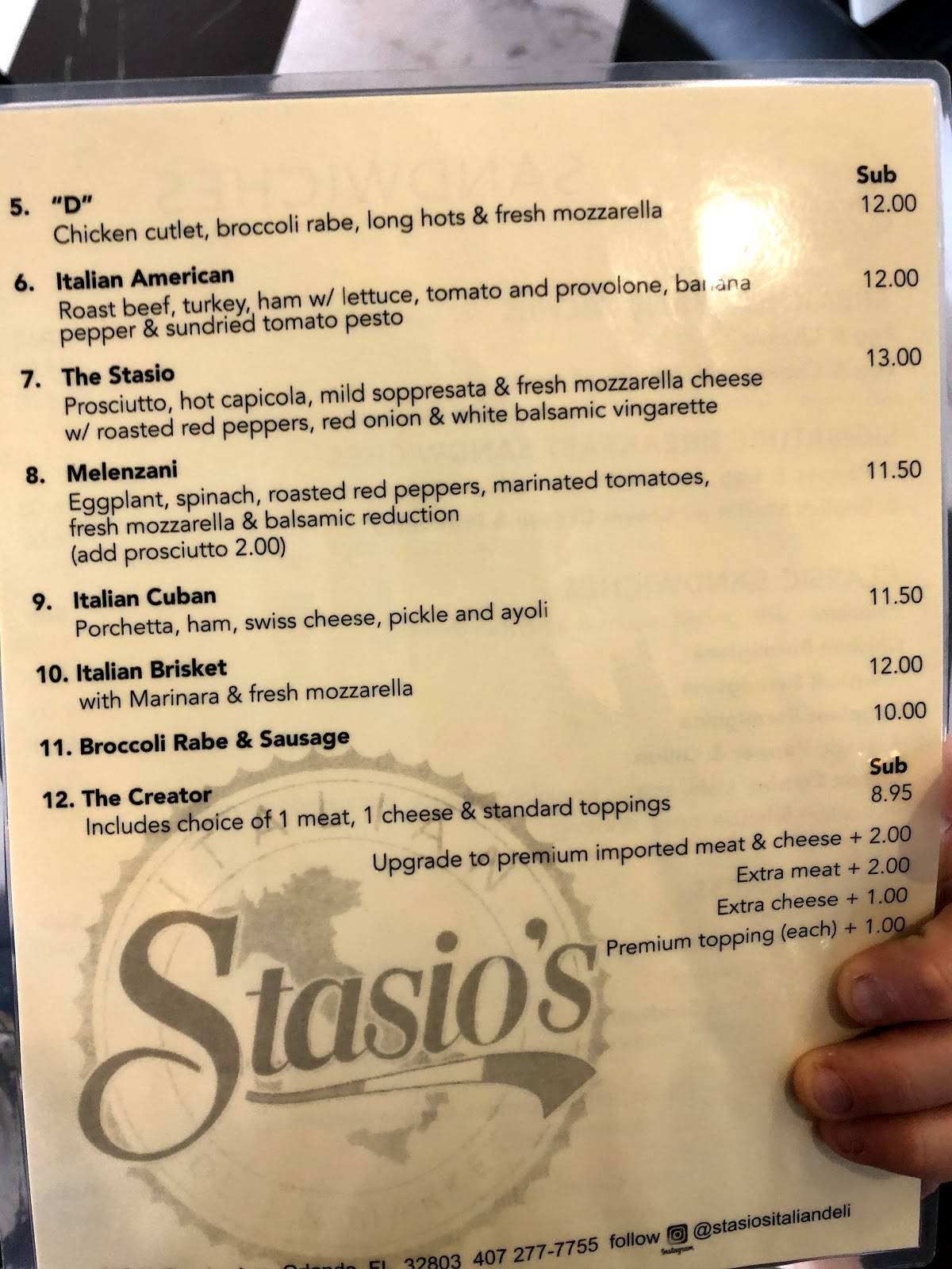 Menu at Stasio's Italian Deli & Market restaurant, Orlando