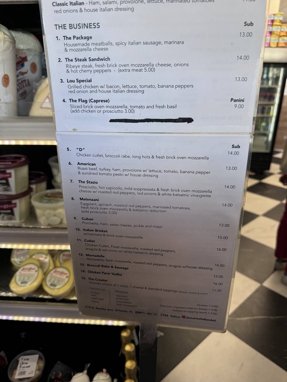 Menu at Stasio's Italian Deli & Market restaurant, Orlando