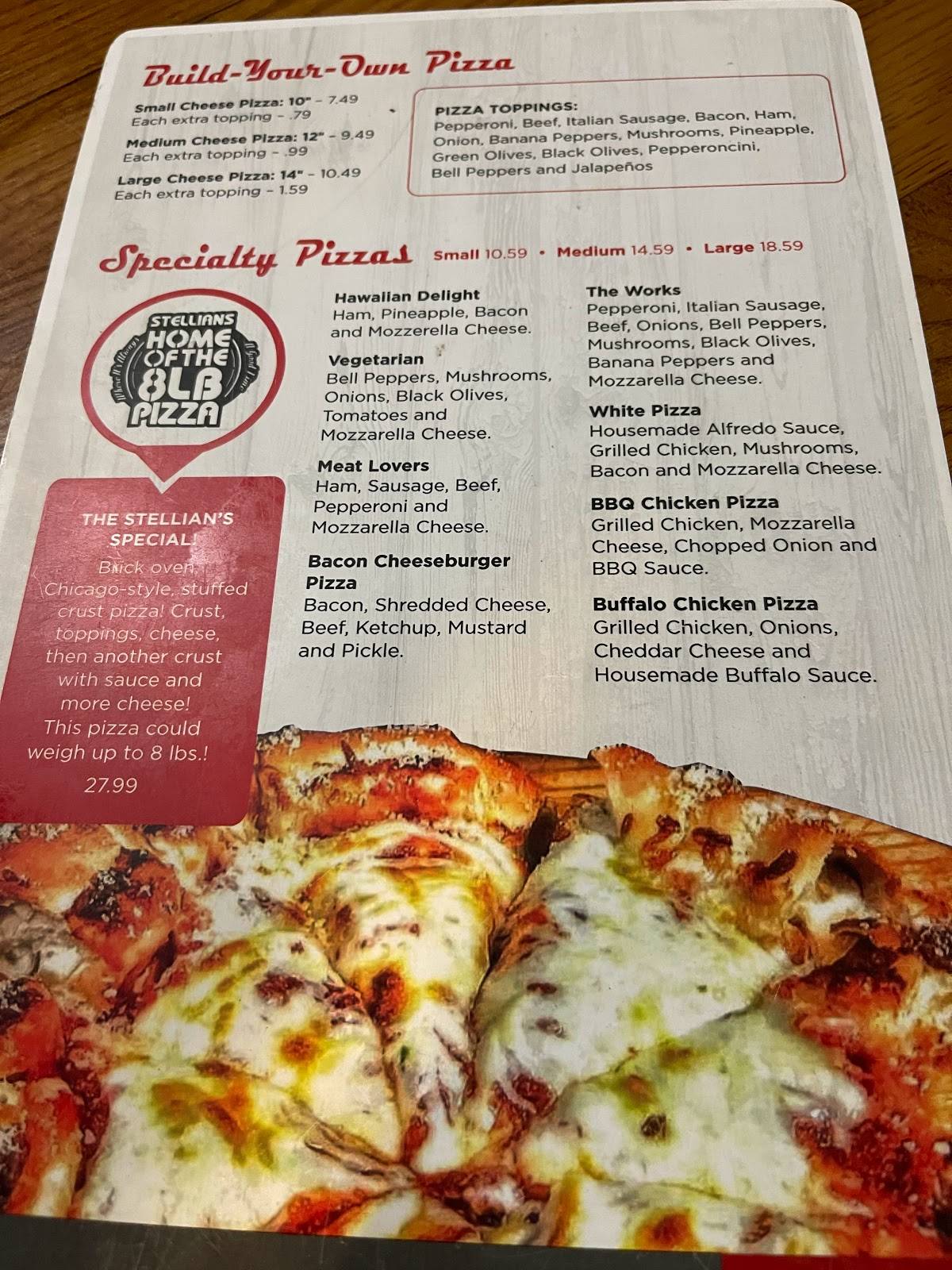 Menu at Stellian's restaurant, Central City