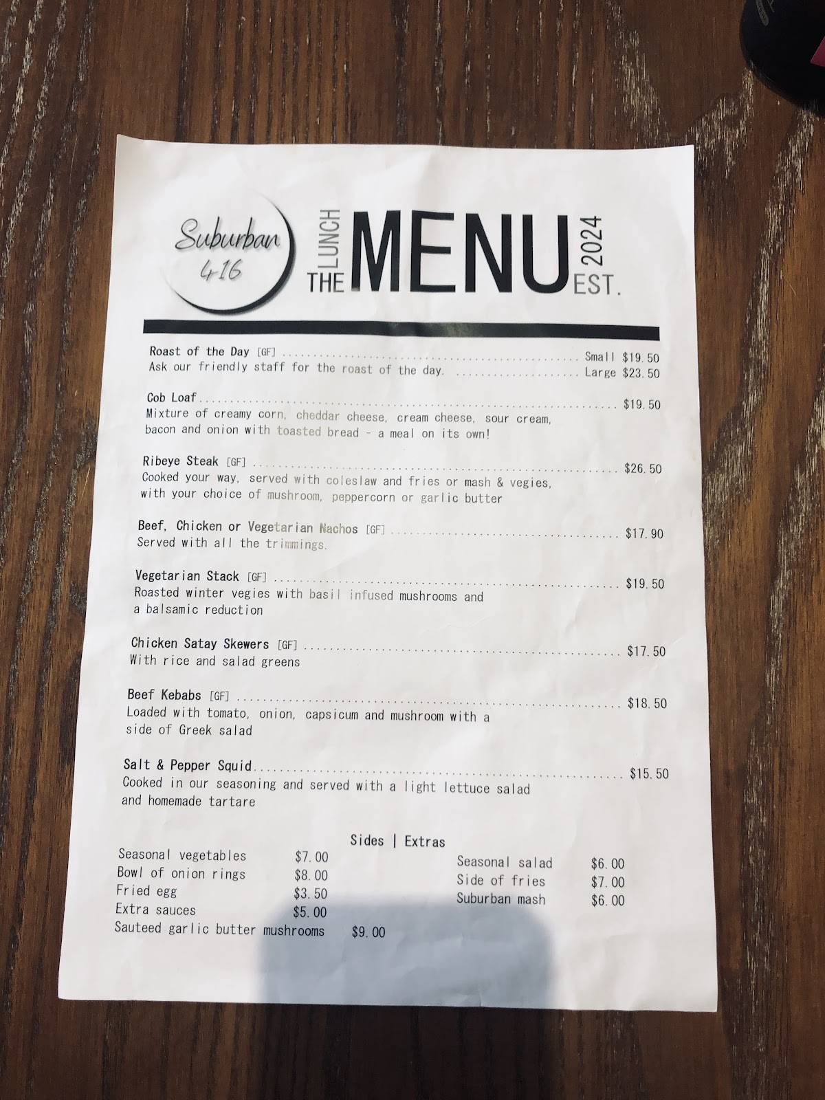 Menu at Suburban 416 restaurant, Kaiapoi